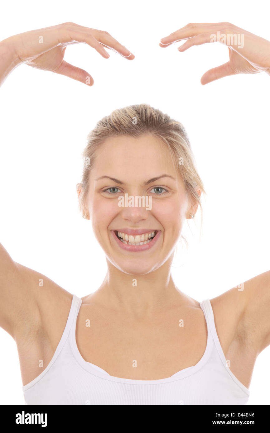 Woman raising hands above head hi-res stock photography and images - Alamy