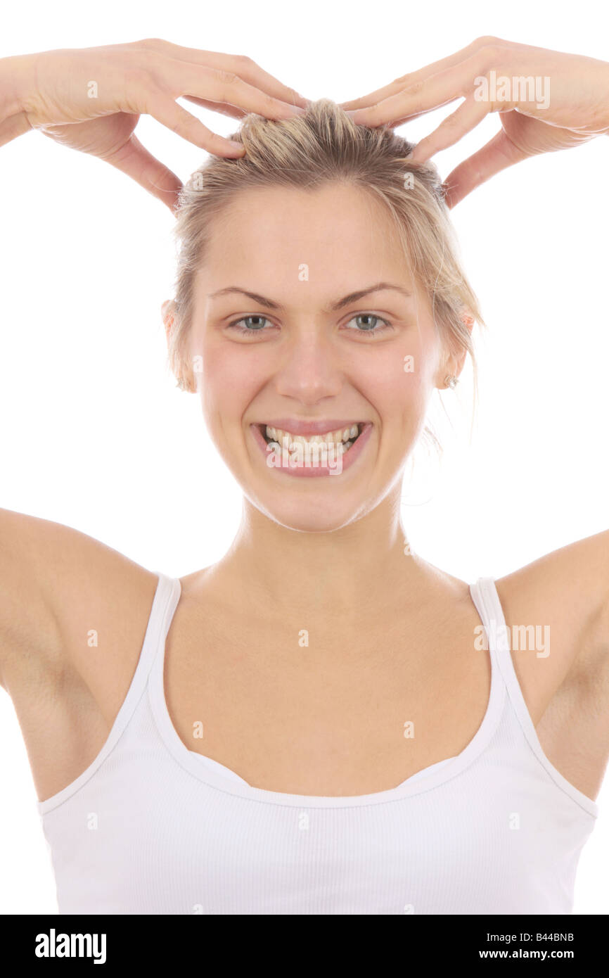 Woman raising hands above head hi-res stock photography and images - Alamy
