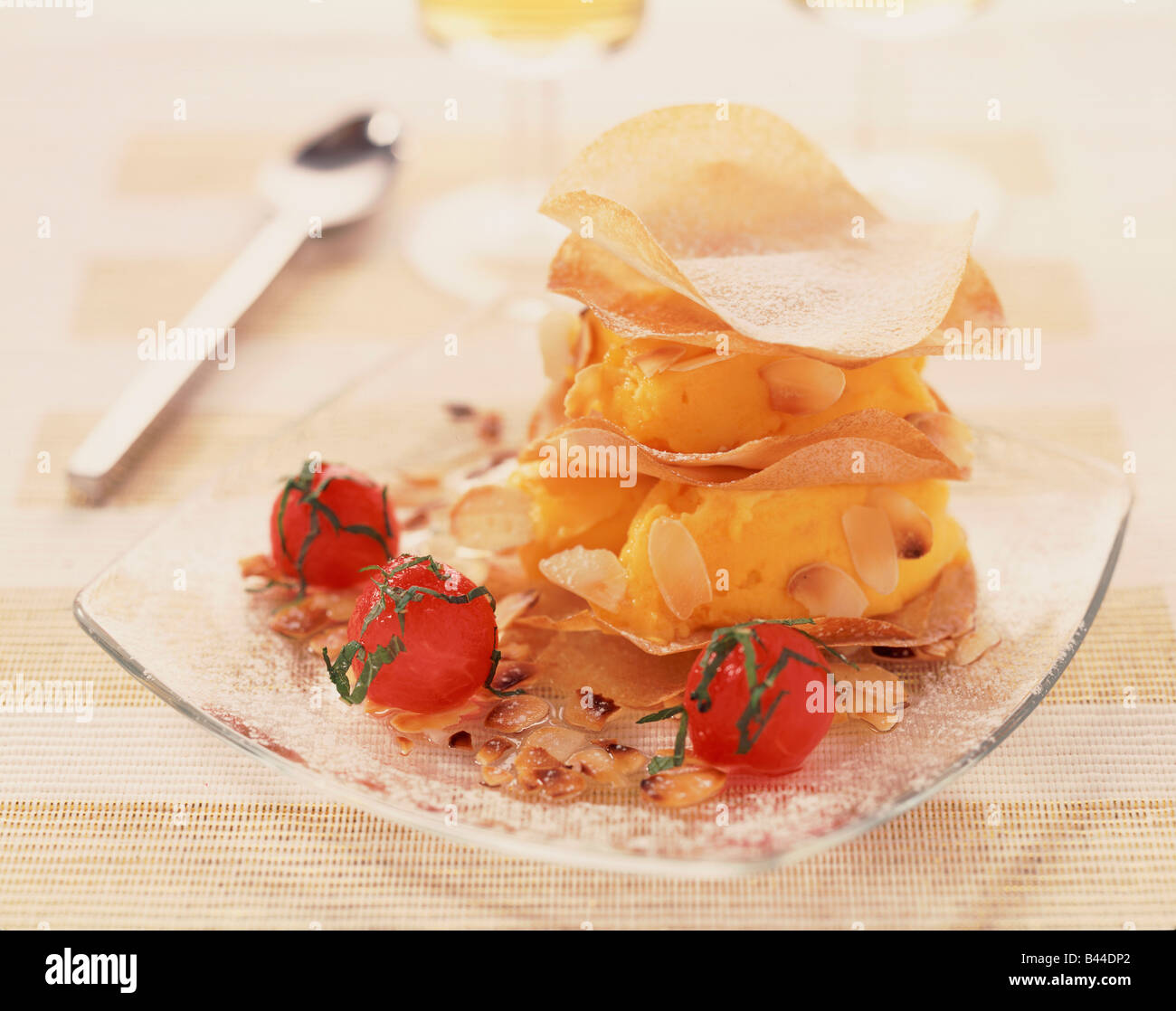Filo pastry and mango-passionfruit ice cream layer with watermelon ...