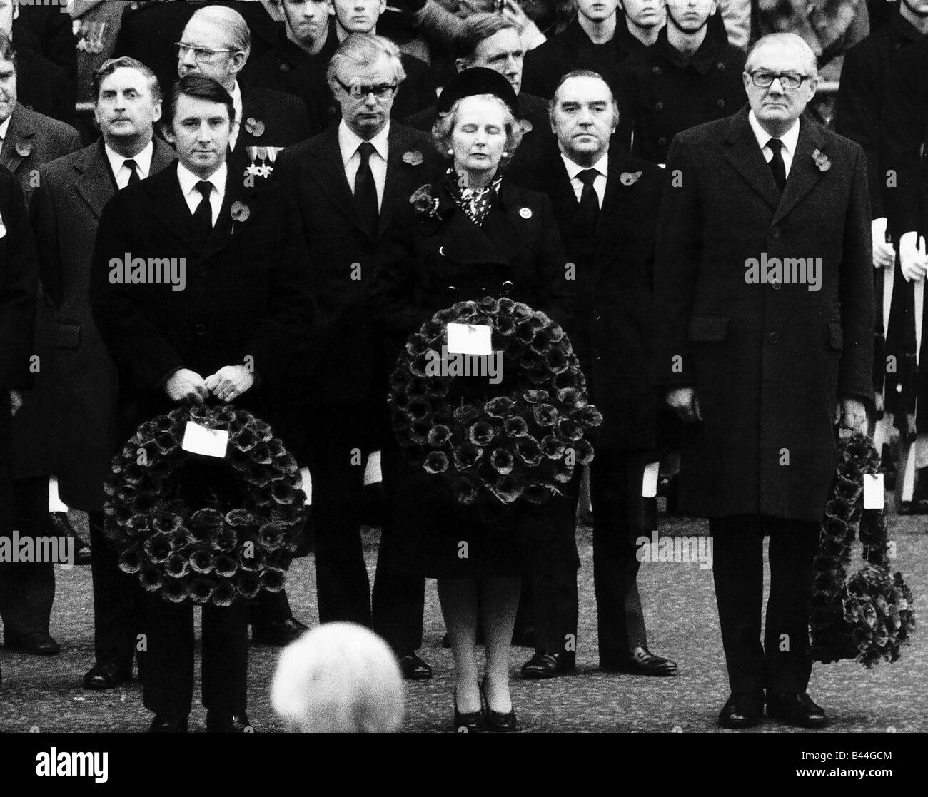 James Callaghan with Dr David Steel and Margaret Thatcher all holding ...
