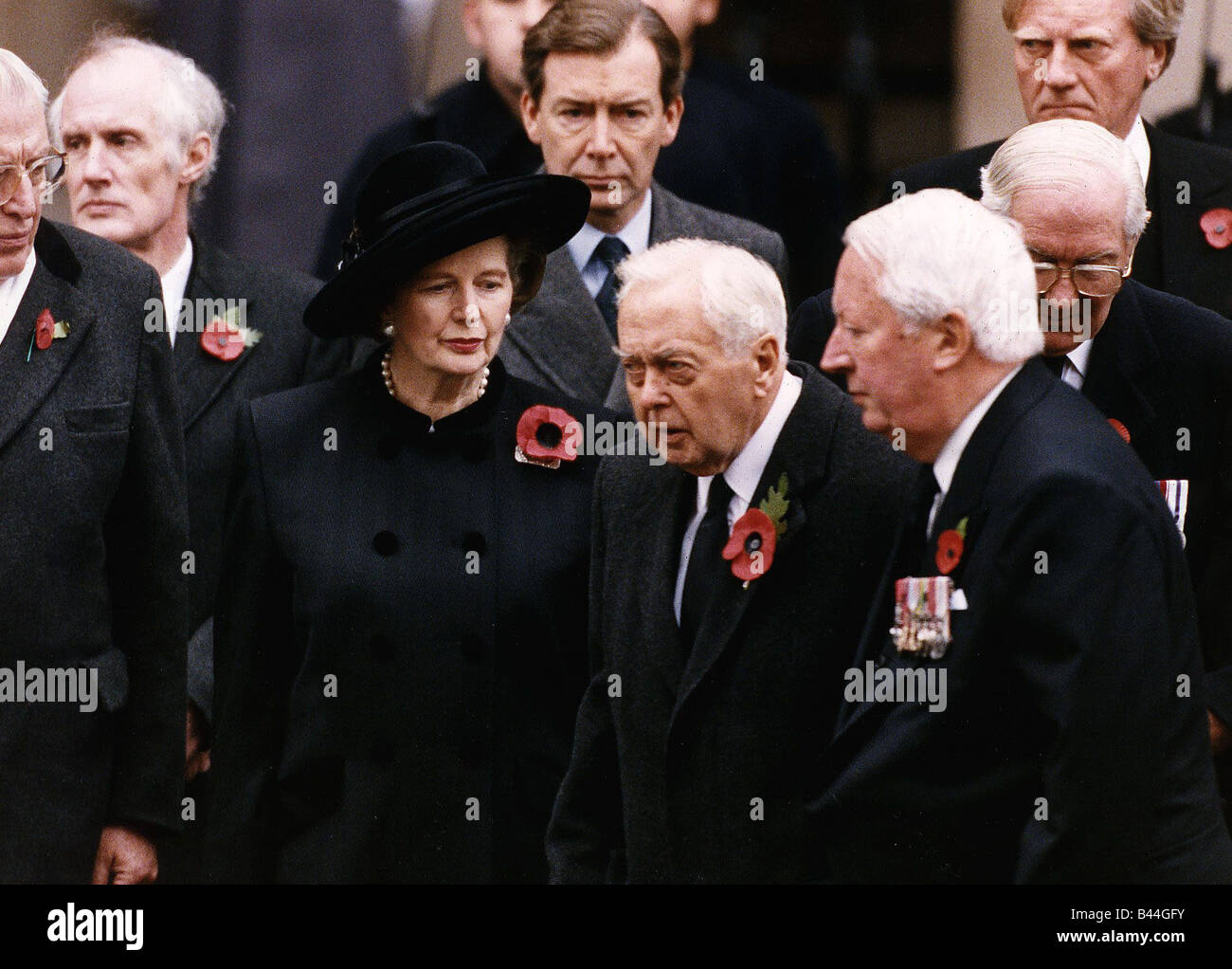 Margaret Thatcher with 3 other ex premiers on Remembrance Sunday paying ...