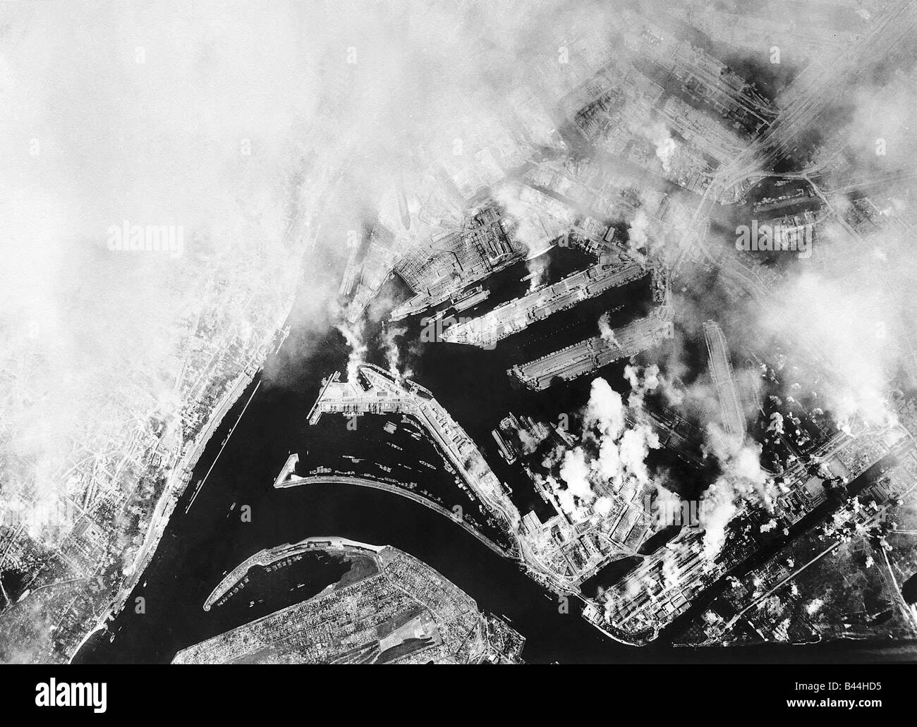 Smoke rises from the U Boats yards at Hamburg Germany after a daytime ...