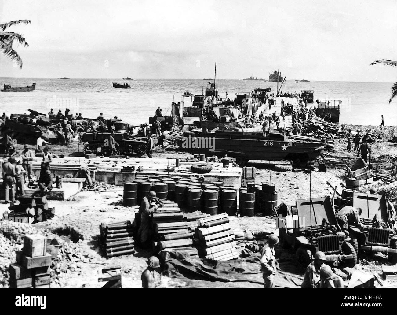 US troops unload their supplies onto a beach in the Marshall Islands in ...
