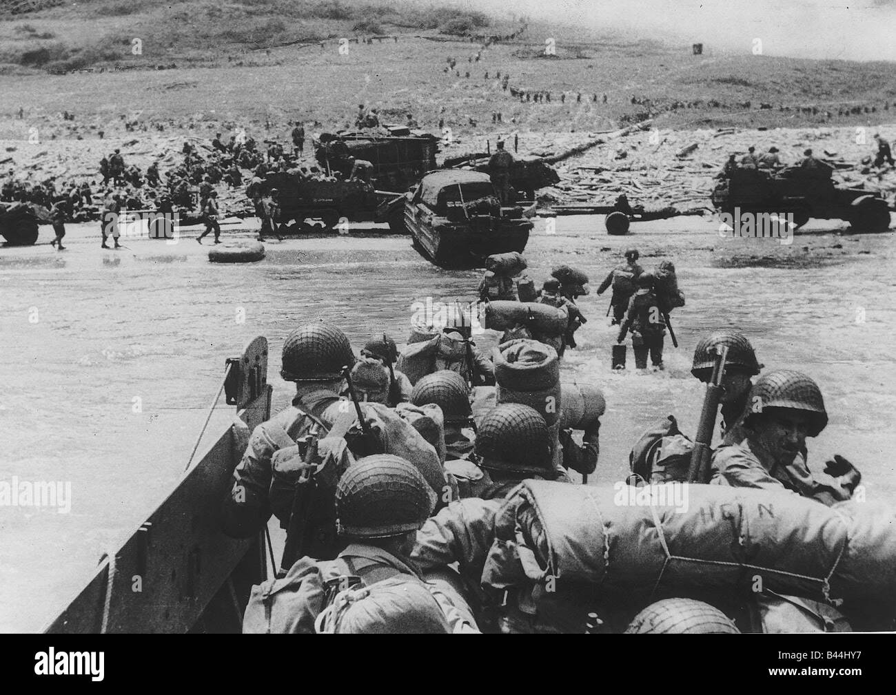 American assault troops landing on a beachhead on the southern coast of ...