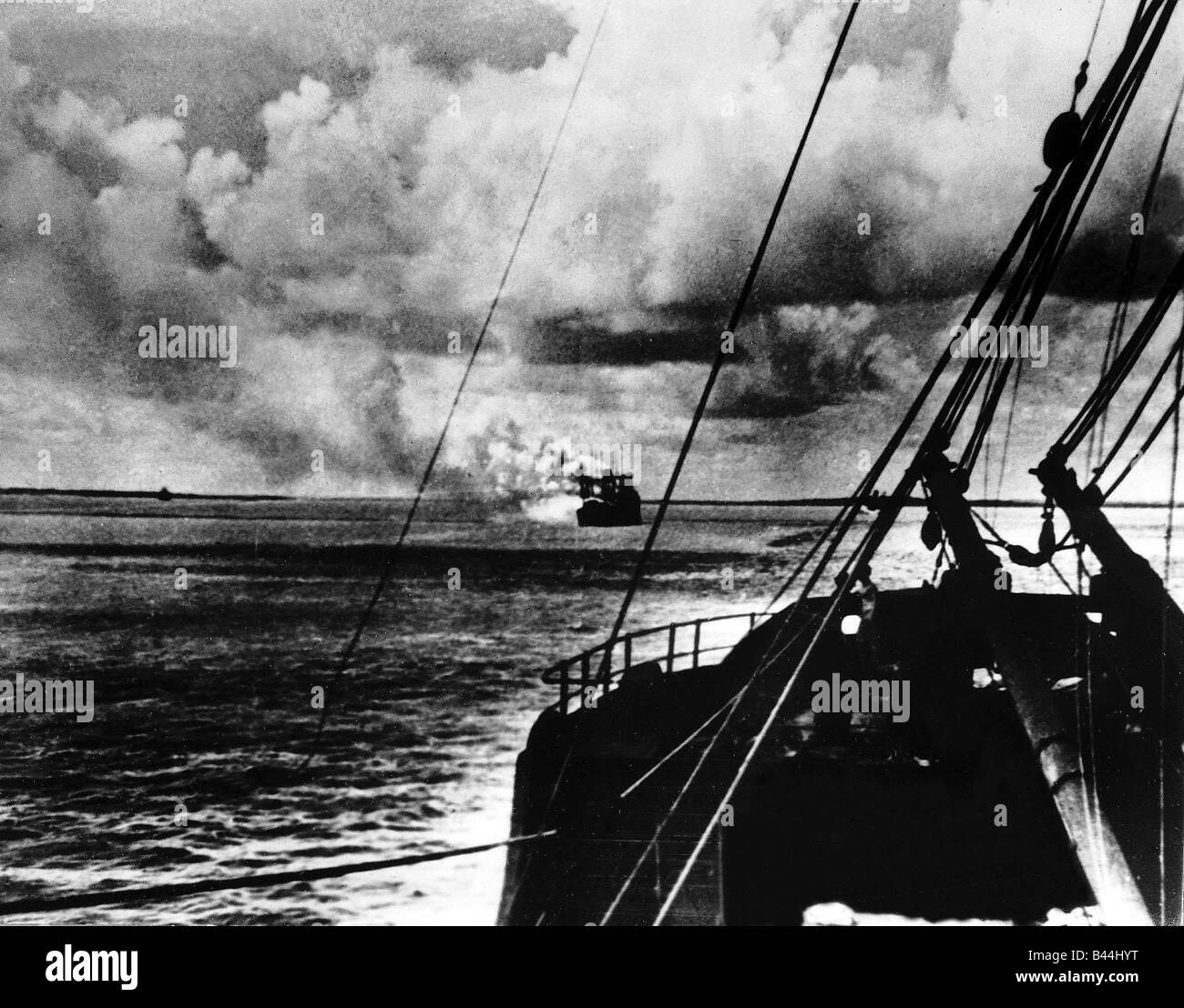 The United States army troop ship Meigs blazing after being hit during ...