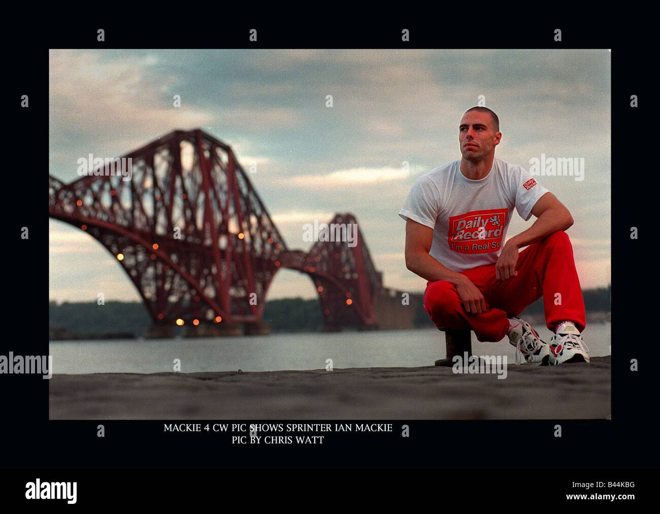 Ian Mackie Scottish 100 metres sprinter wearing a Daily Record T shirt ...