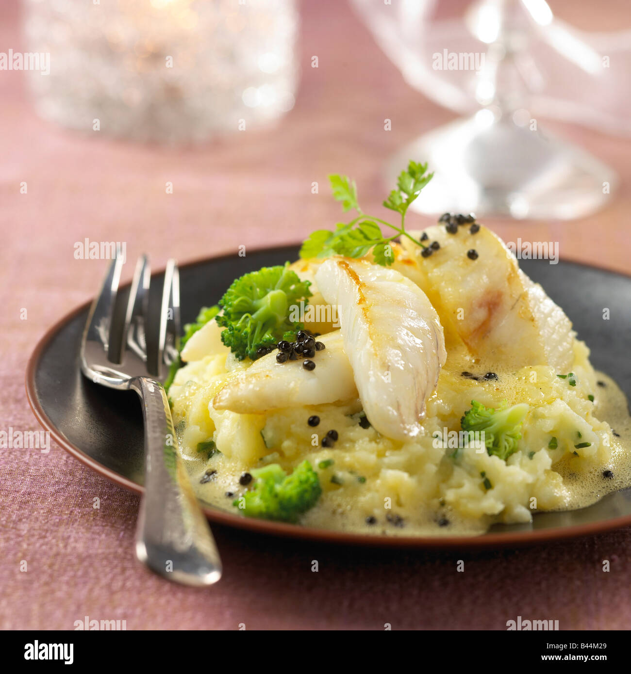 turbot with caviar and mashed potato Stock Photo - Alamy