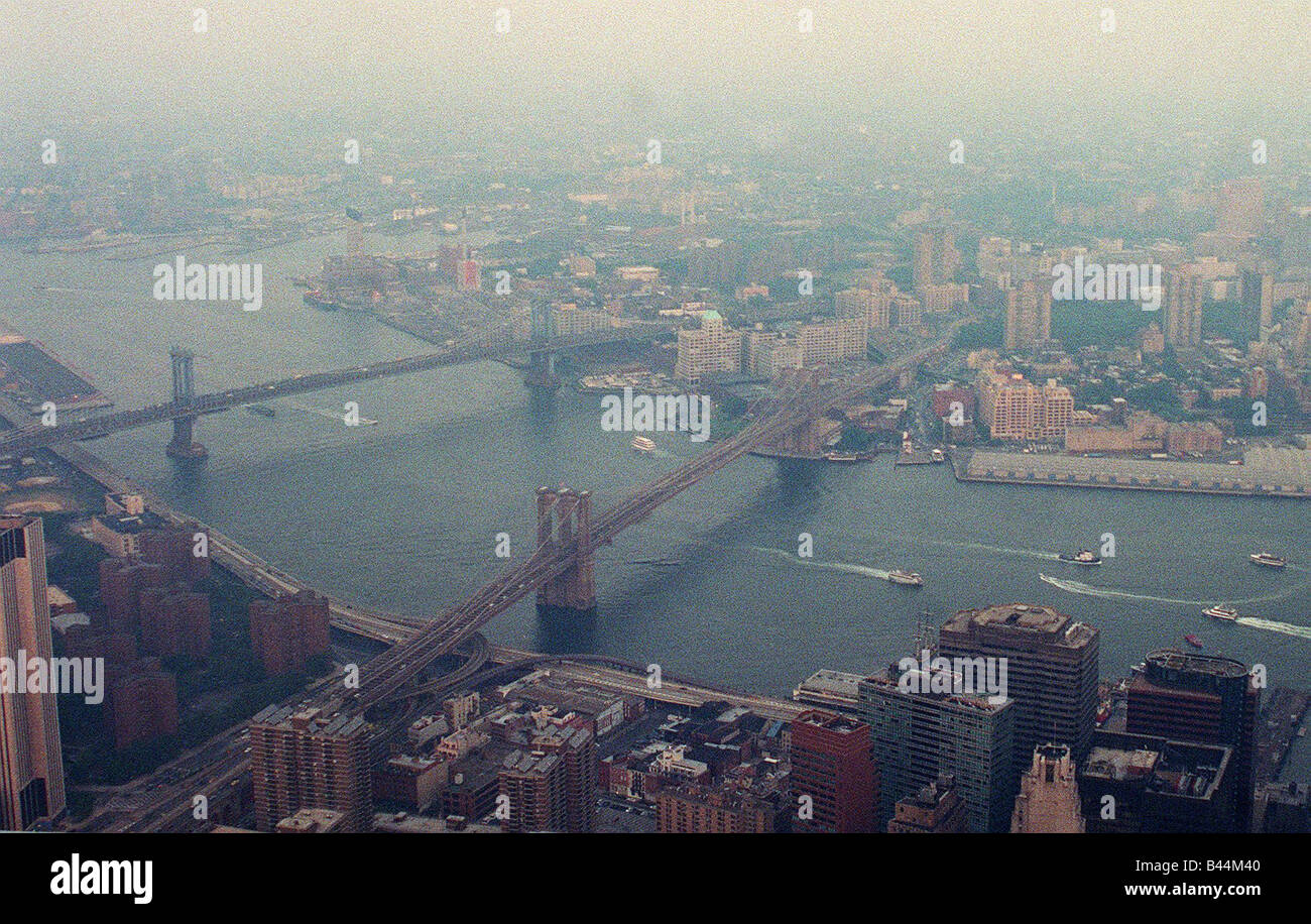 New York Aerial view of Brooklyn Bridge from top of world trade tower ...