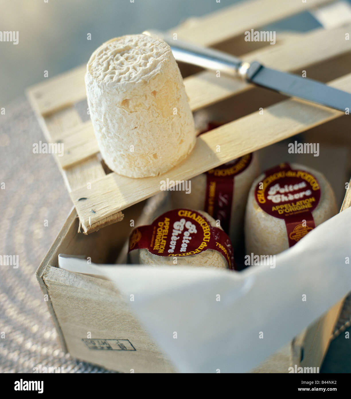 Small crate of Crottins de Chavignol,goat's cheese Stock Photo - Alamy