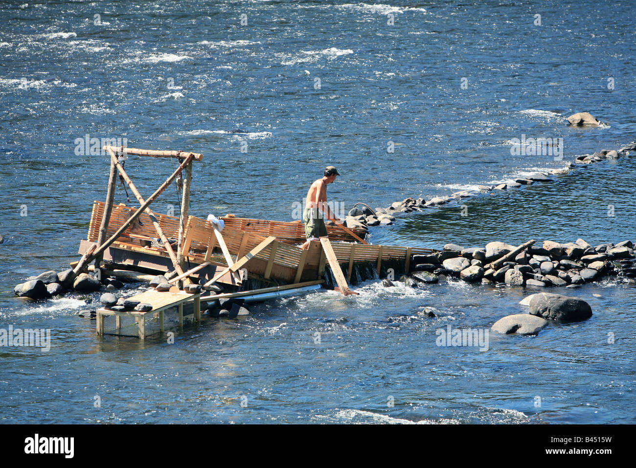 An eel weir on the Delaware River between Pennsylvania An eel man is ...