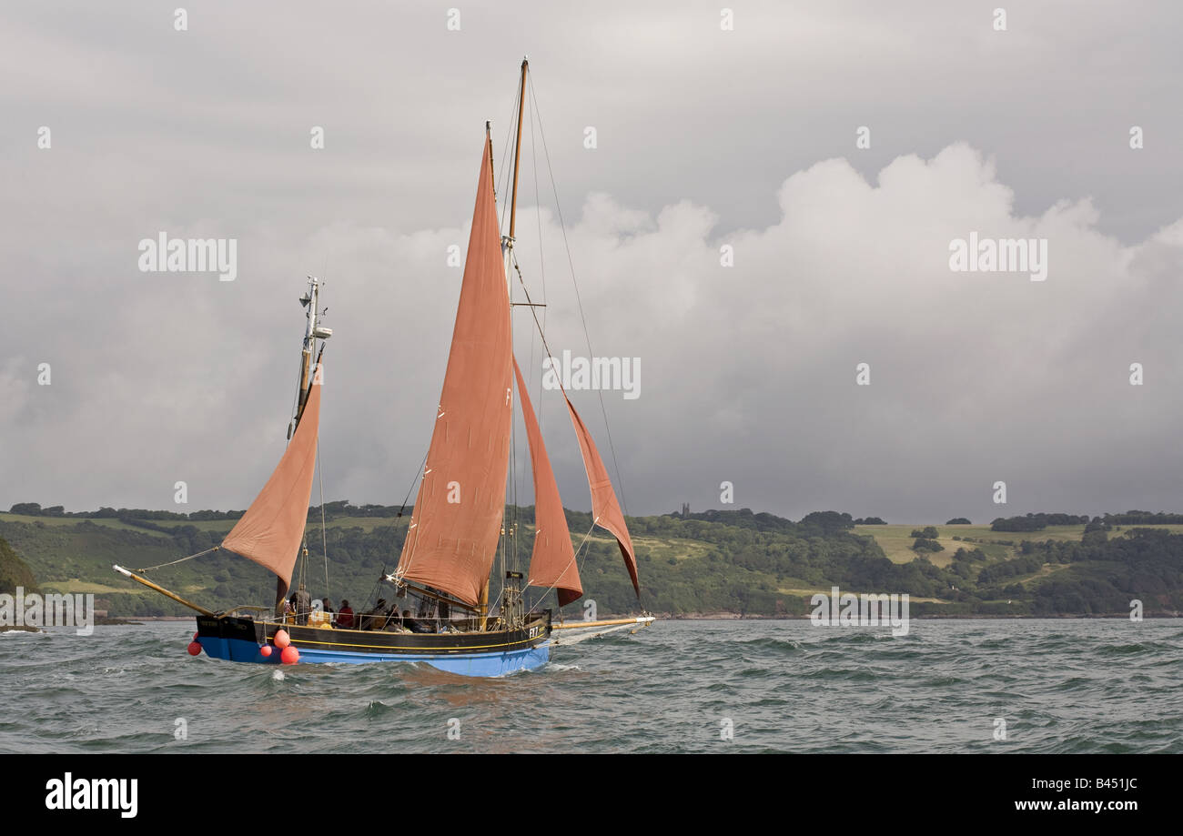Cornish Lugger Our Daddy under sail off Rame Head Cornwall Stock Photo ...