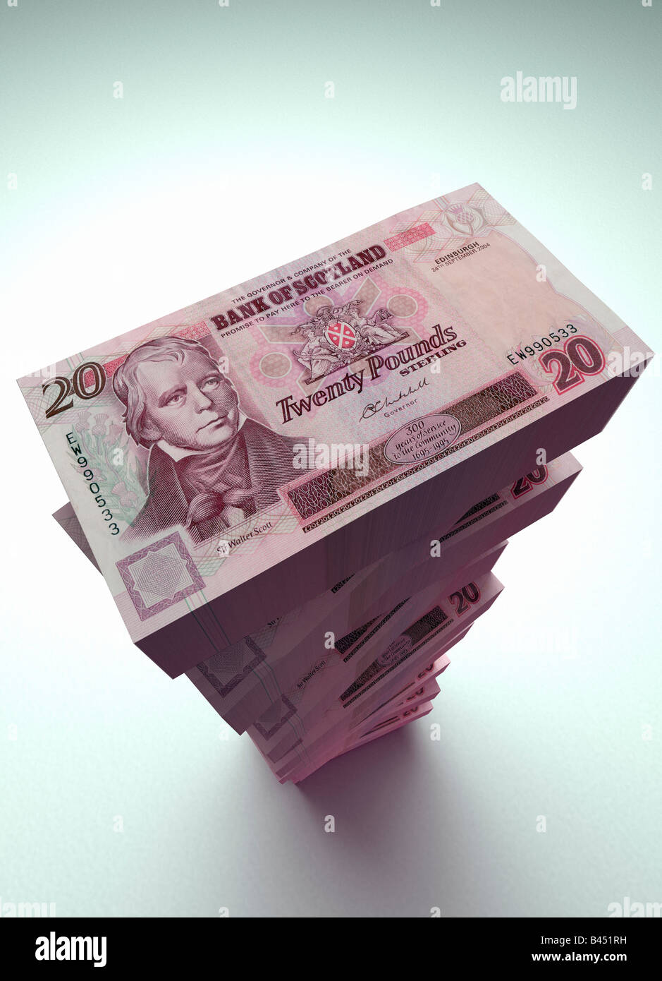 Large stack of £20 pound Scottish bank notes on plain background Stock ...