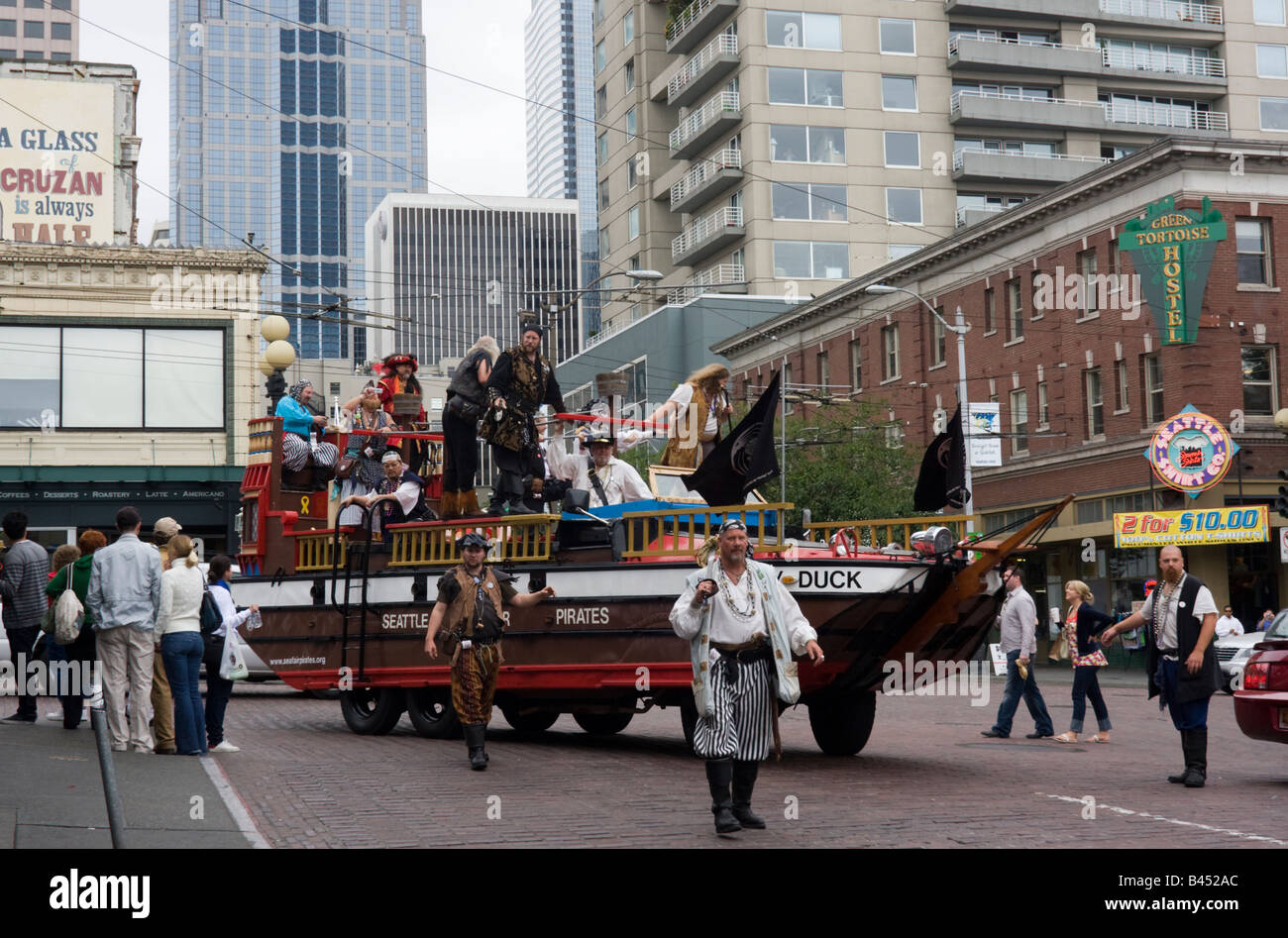 Seattle Seafair Pirates on Moby Duck parade around Pike Place Market ...