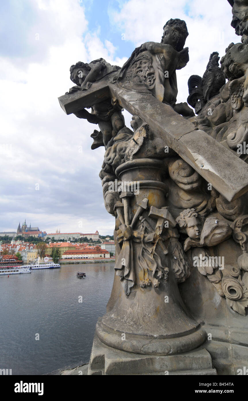 A sculpture on Charles Bridge, the prime tourist landmark in Prague ...