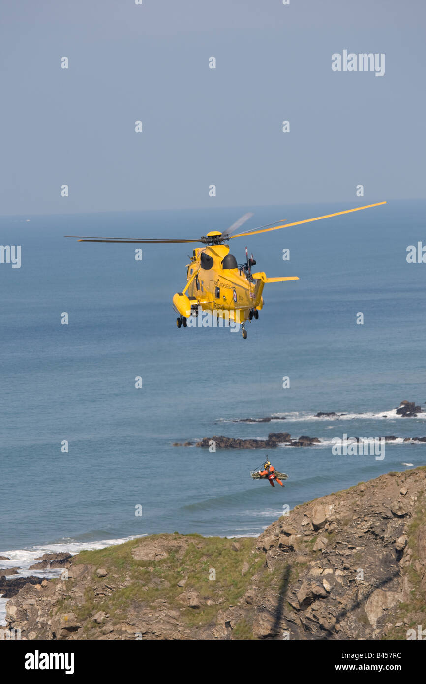 RAF helicopter air sea rescue on cliffs above Widemouth Bay Bude ...