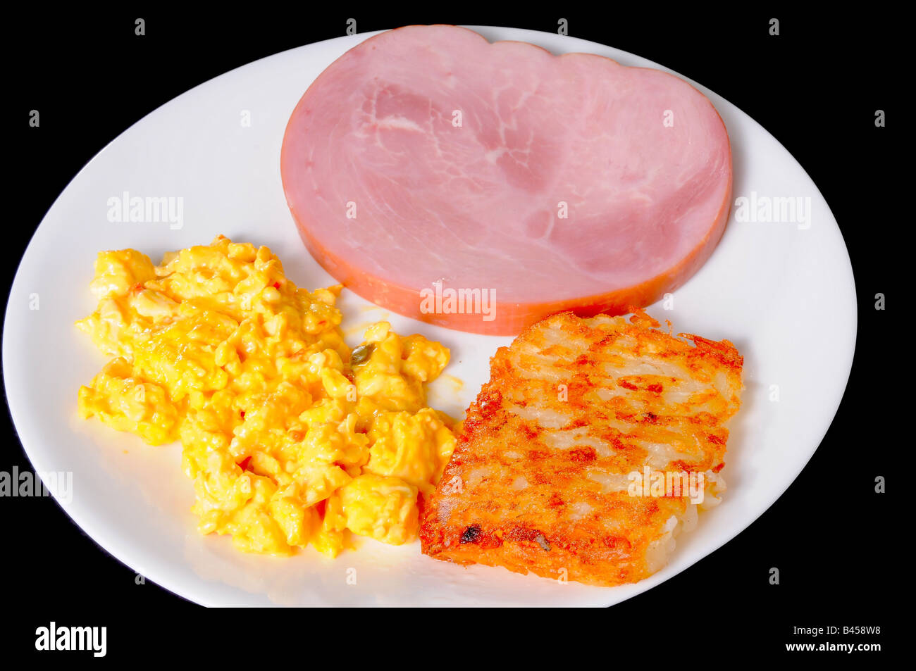 Breakfast plate of ham steak hash brown potatos and mexican omlette ...