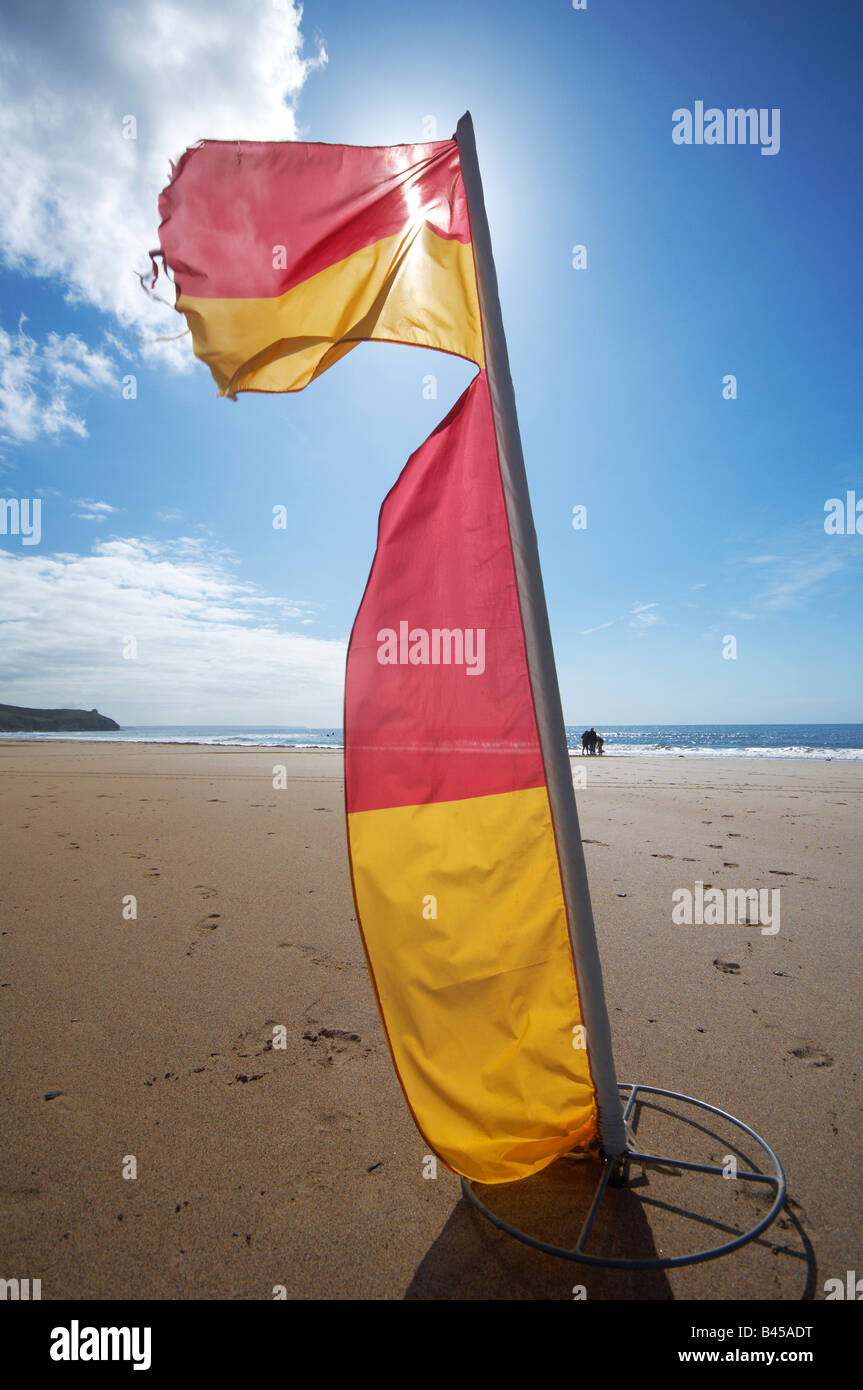 Safe Bathing flag at Praa Sands Cornwall UK Stock Photo - Alamy