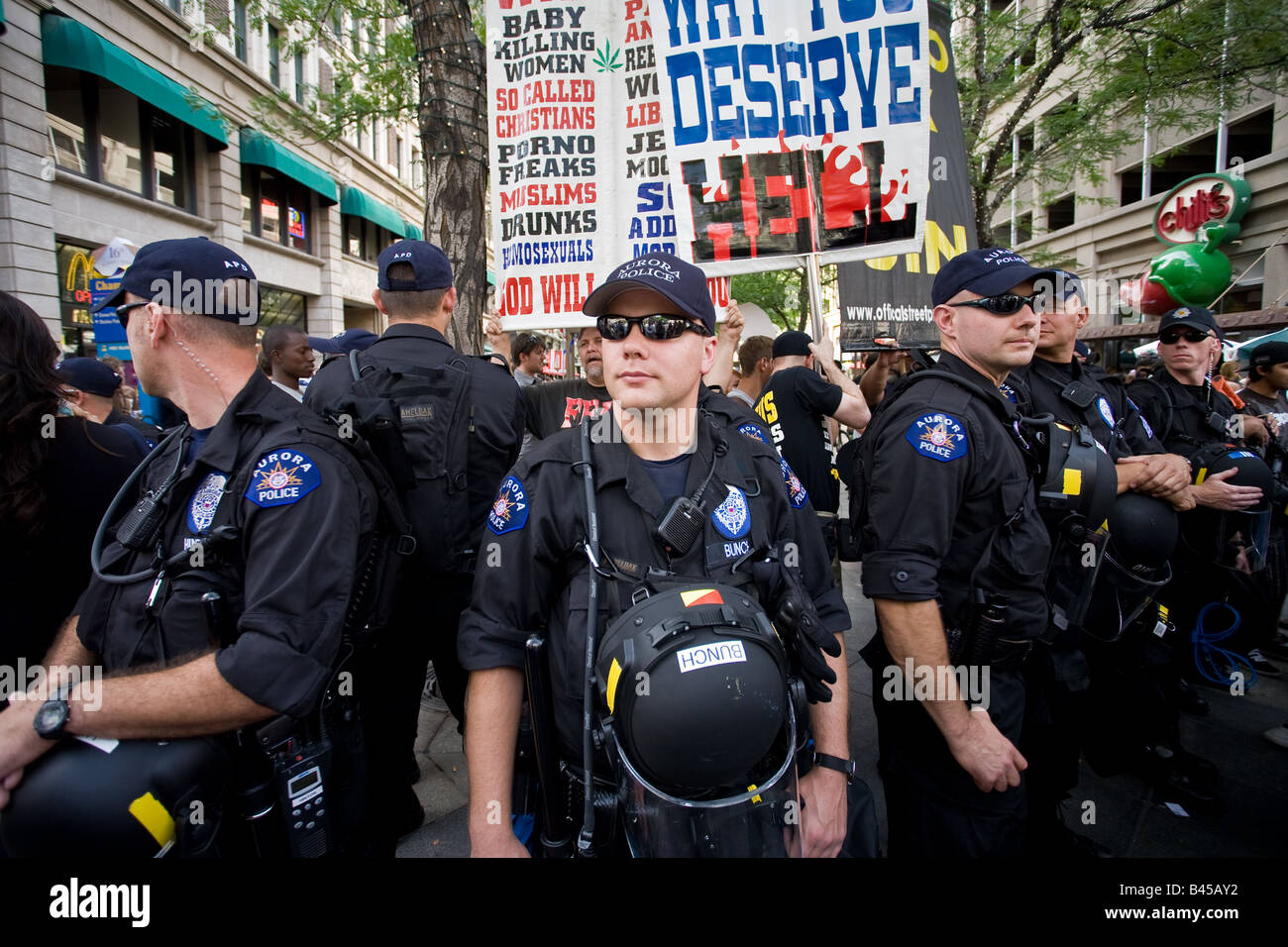 Police watching over the crowd during the 2008 democratic convention ...