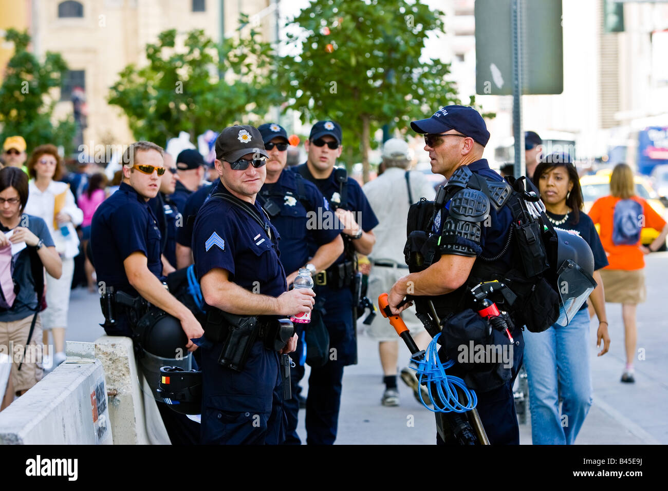 Police watching over the crowd during the 2008 democratic convention ...