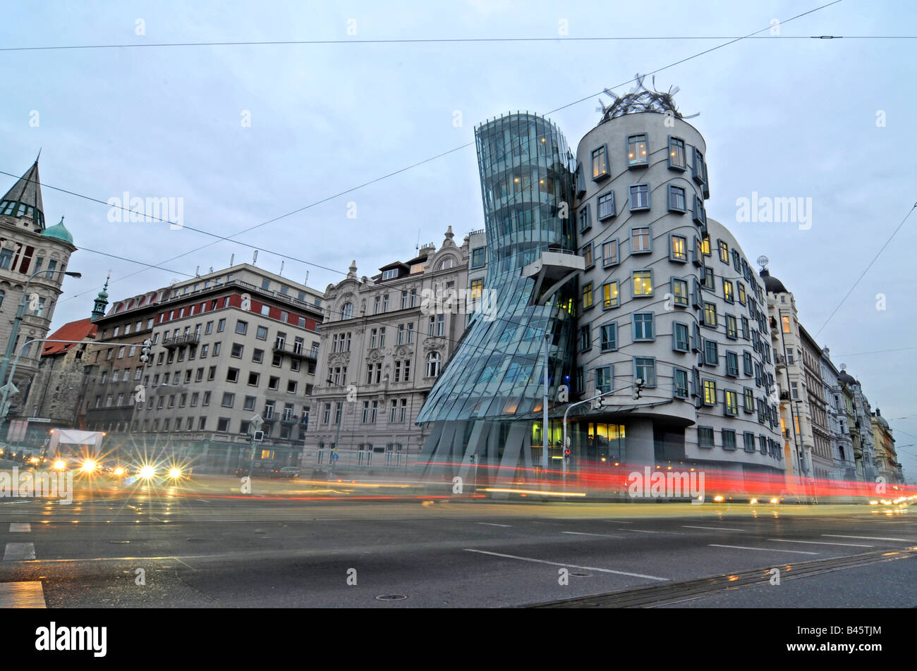 A dusk view of the Dancing house, a modern architecture landmark in ...