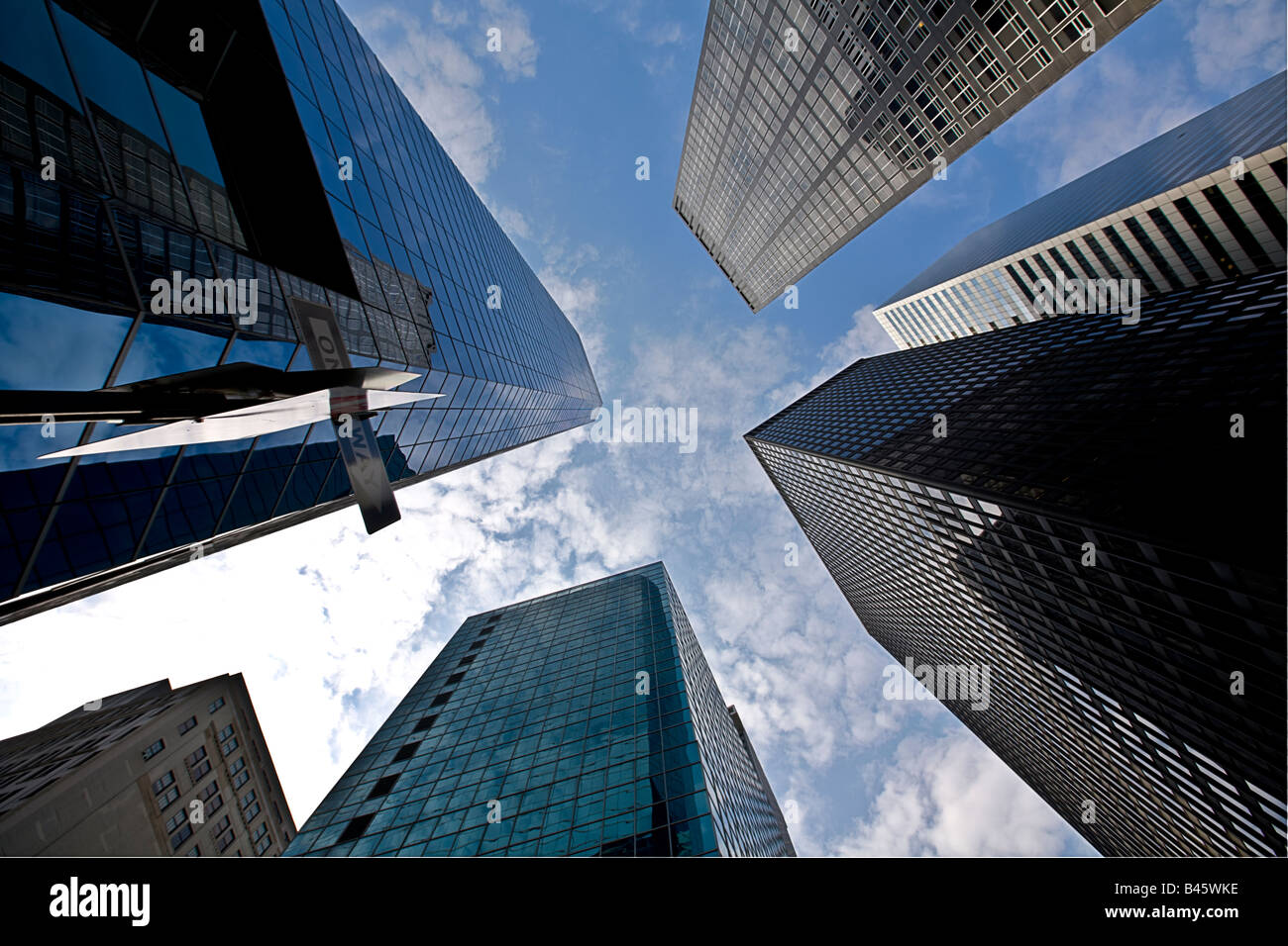 Looking up at Downtown Manhattan financial center office buildings, NY ...