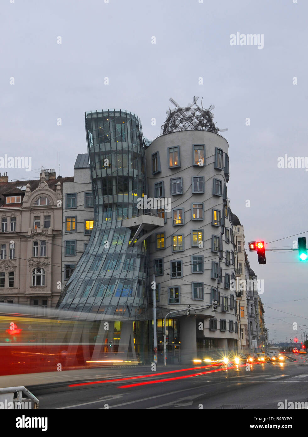 A dusk view of the Dancing house, a modern architecture landmark in ...