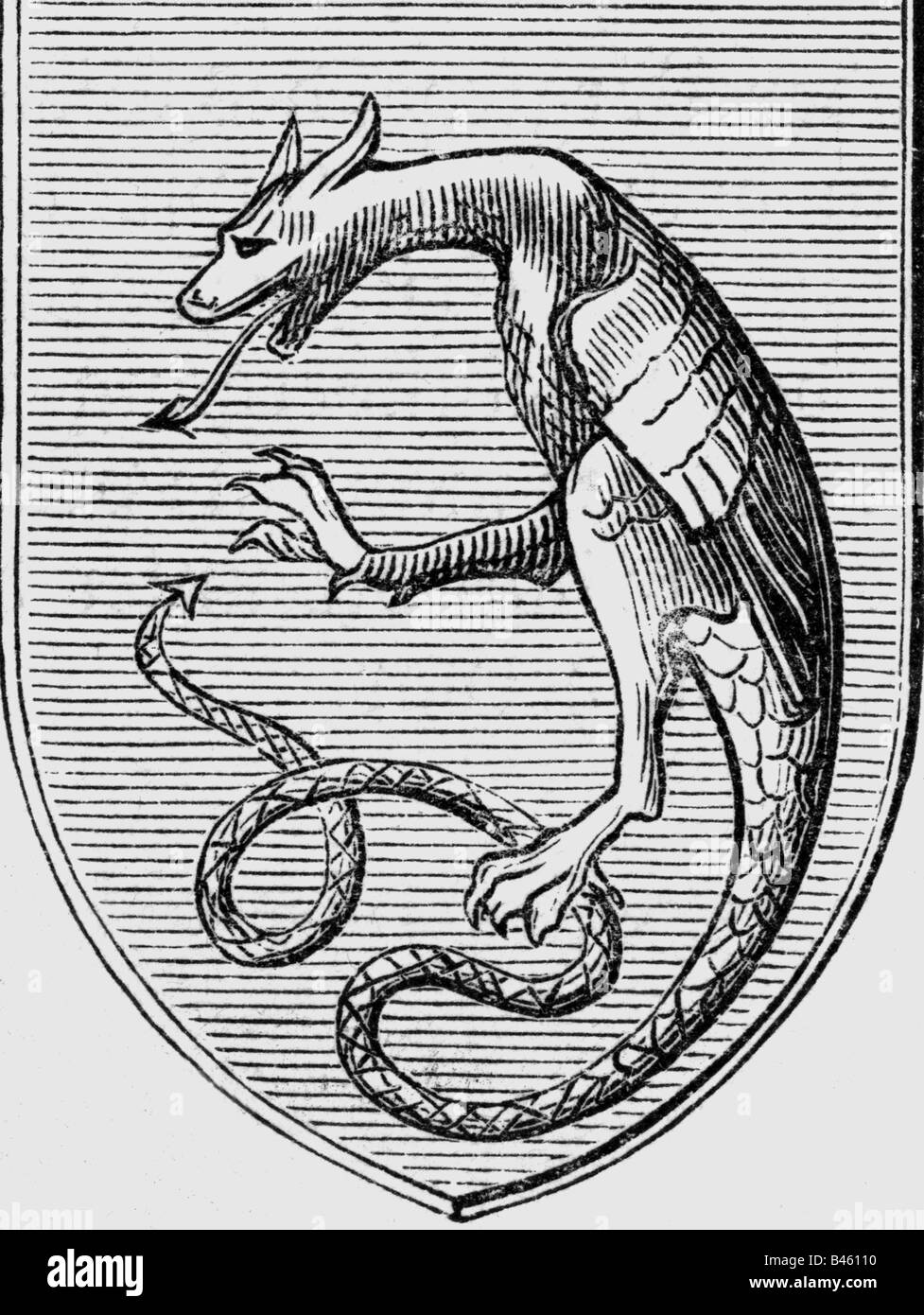 heraldy, coat of arms, charges, medival dragon, wood engraving, 19th ...