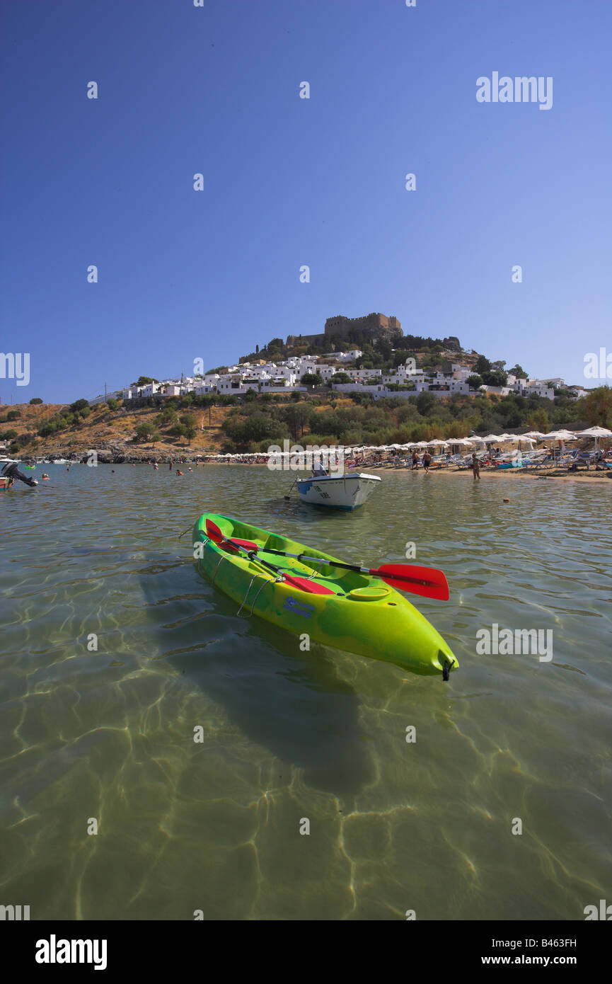 Above the modern town rises the acropolis of lindos hi-res stock ...