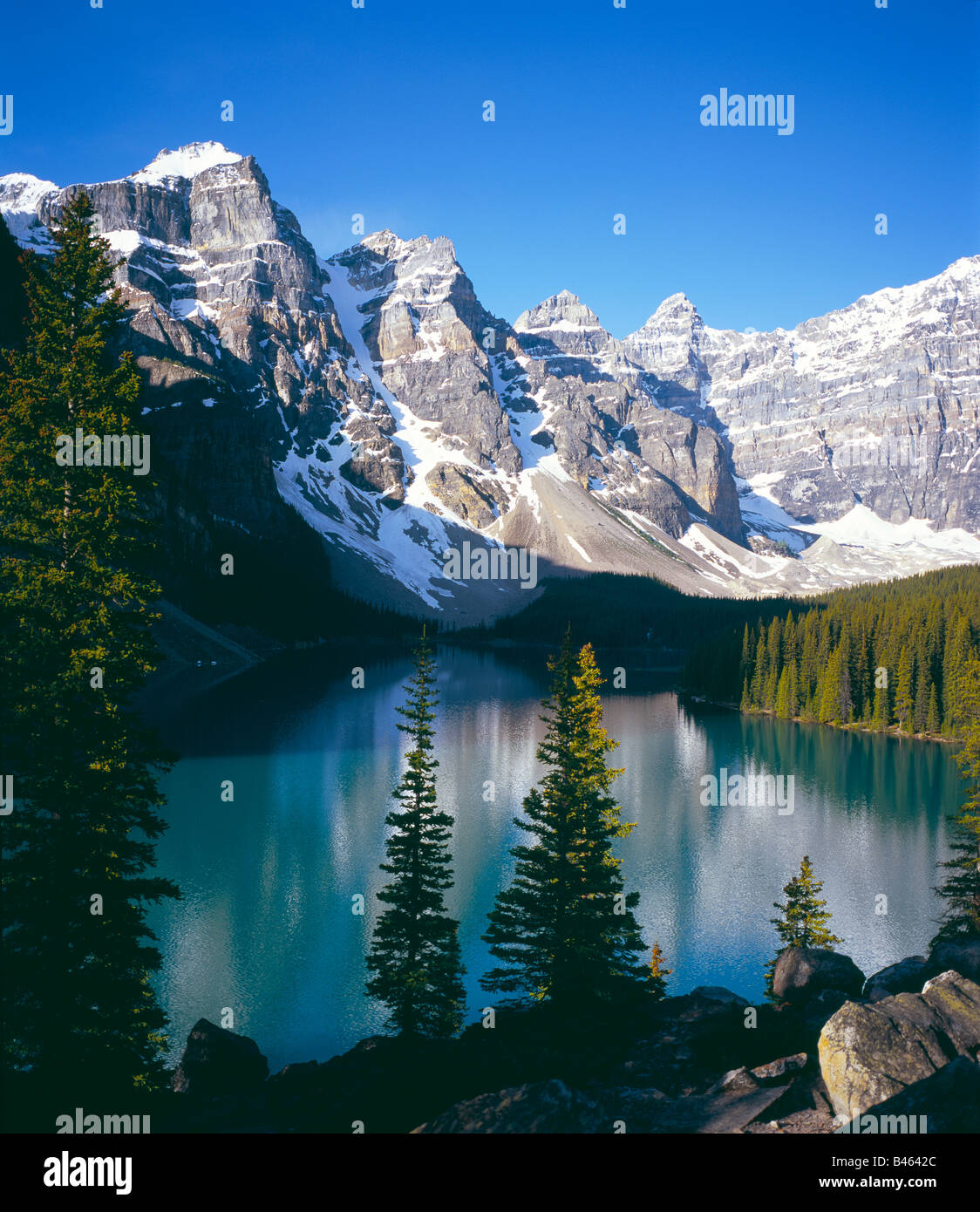 A portrait view of Moraine Lake in Banff National Park, Alberta, Canada ...