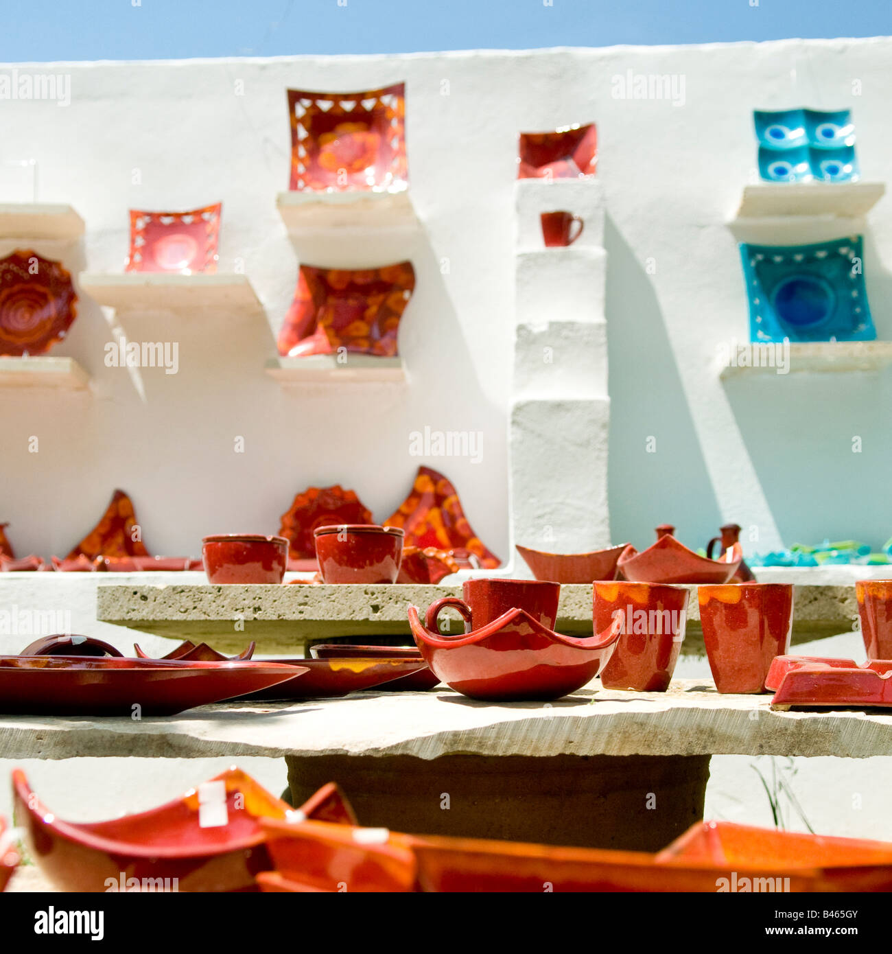 Ceramic pottery on display in a souvenir shop. Lake Kournas, Crete ...