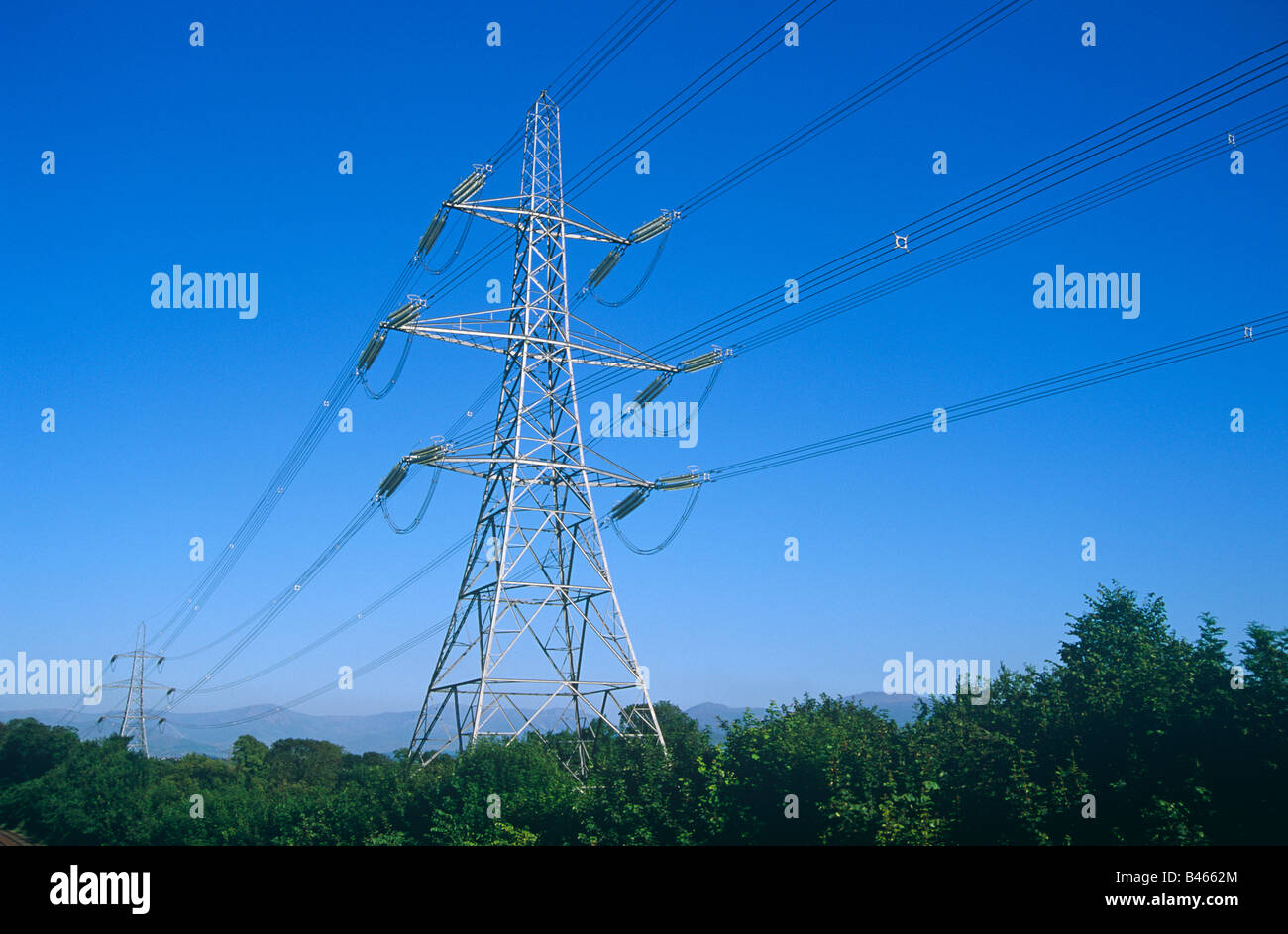 Pylon with electricity cables Blue sky Trees PYLONS CABLES Stock Photo ...