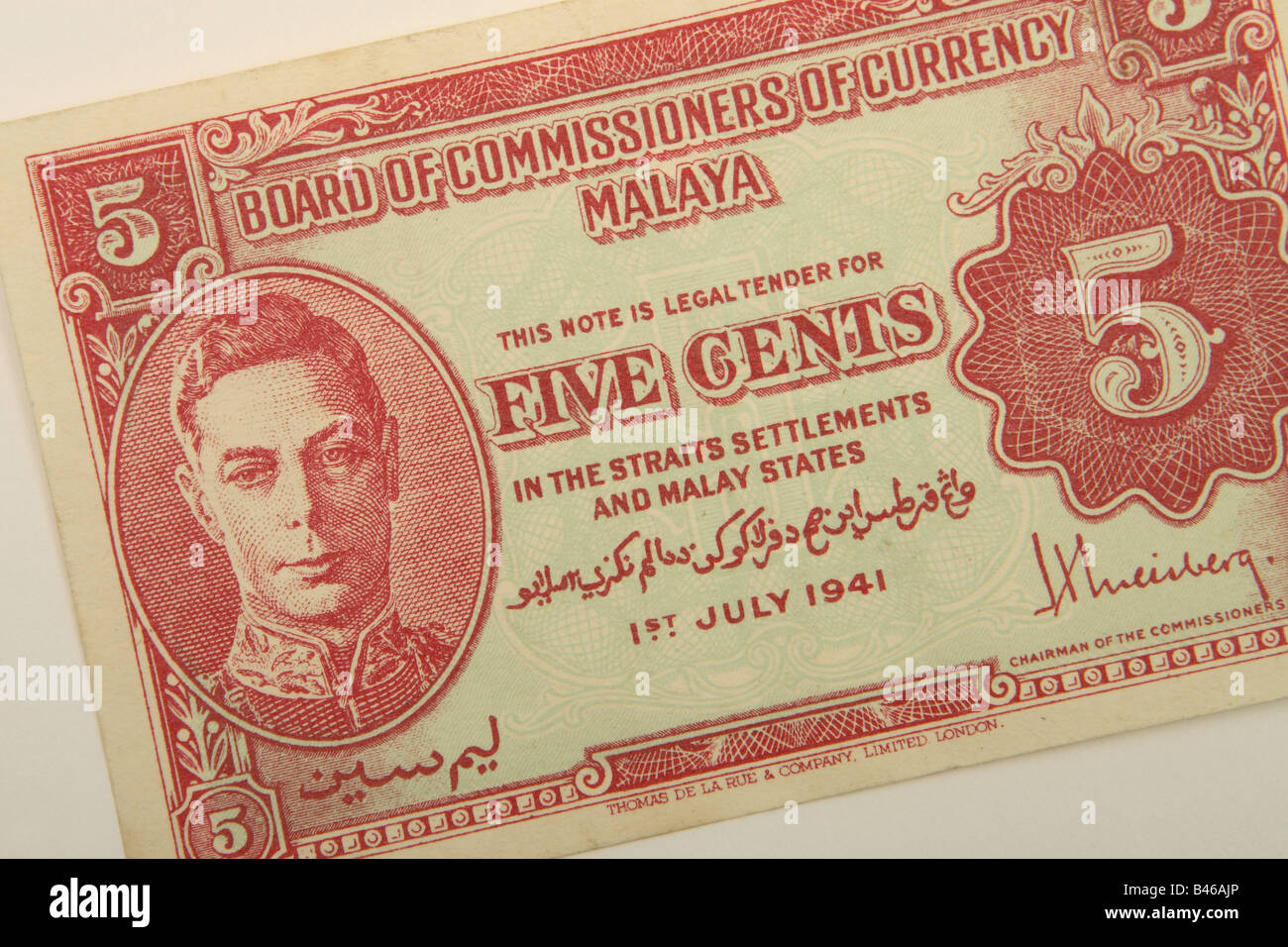 Malaya 5 cents bank note dated 1941 during World War 2 with image of ...