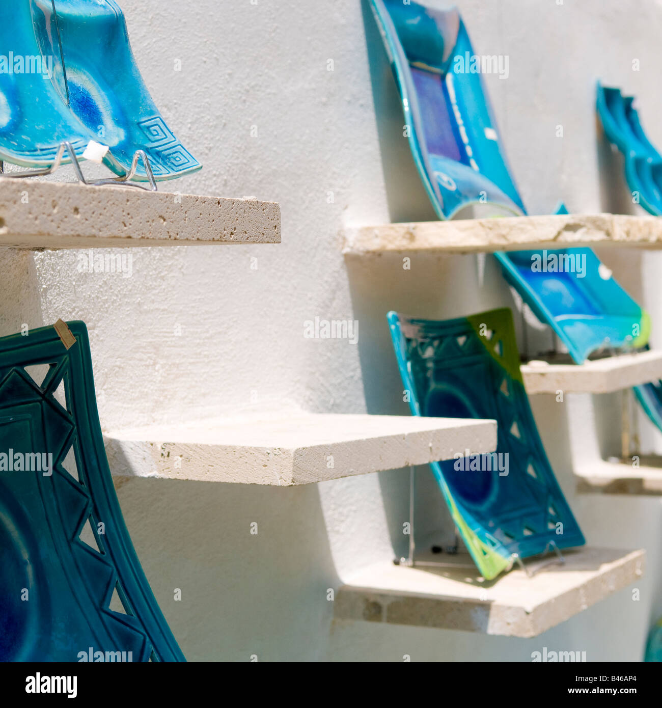 Ceramic pottery on display at a souvenir shop. Lake Kournas, Crete ...