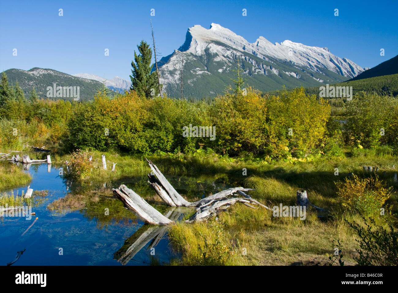 Mt. Rundle from between the second and third of the Vermillion Lakes ...
