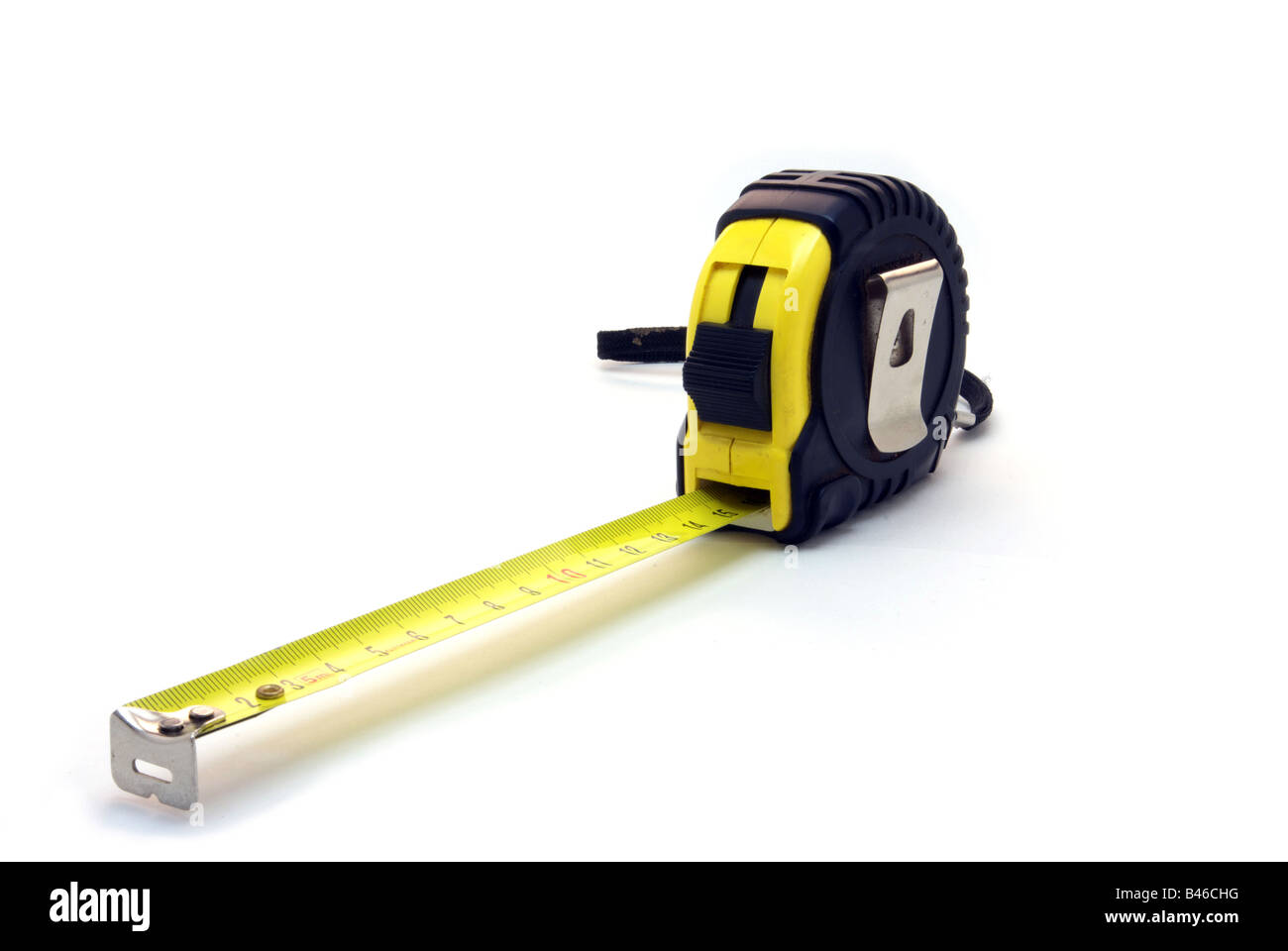 Yellow tape measure on the white background Stock Photo - Alamy