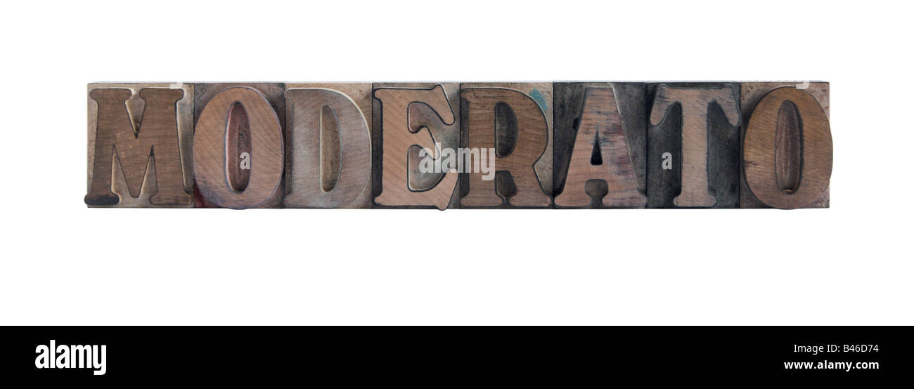 the word 'moderato' in old, ink-stained wood type Stock Photo - Alamy