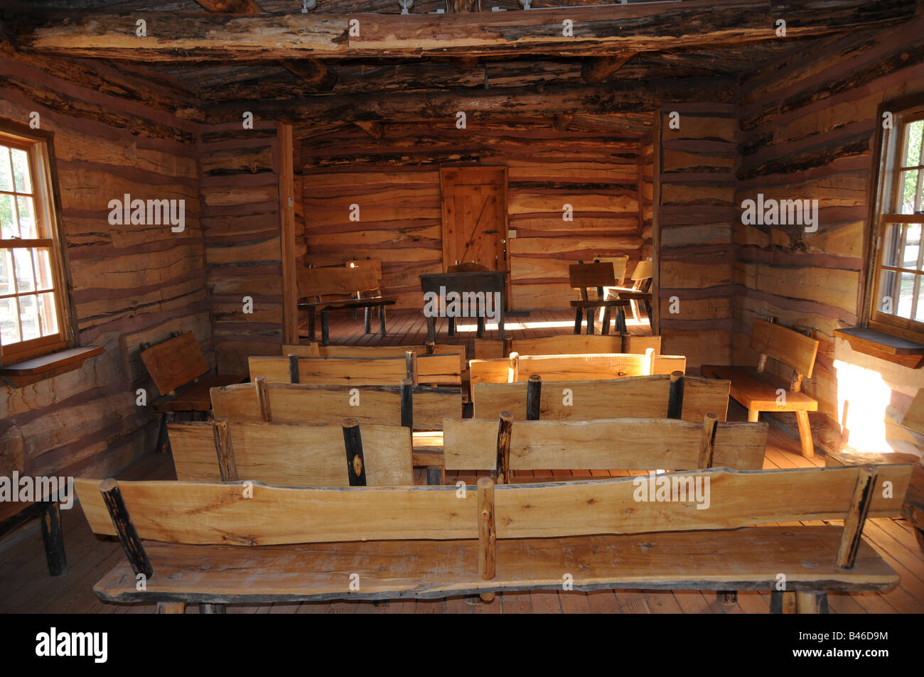 Interior of the reconstructed Meeting House, Bluff Fort Historical Site ...