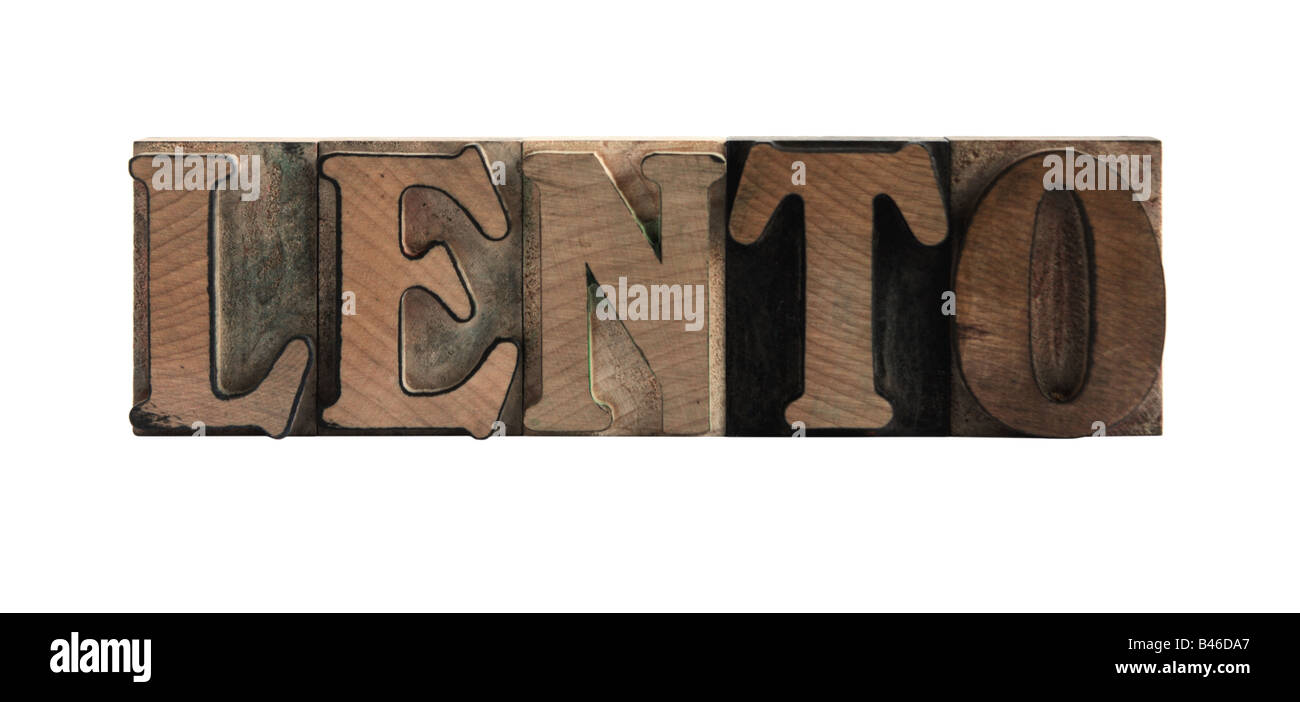 the word 'lento' in old, ink-stained wood type Stock Photo - Alamy