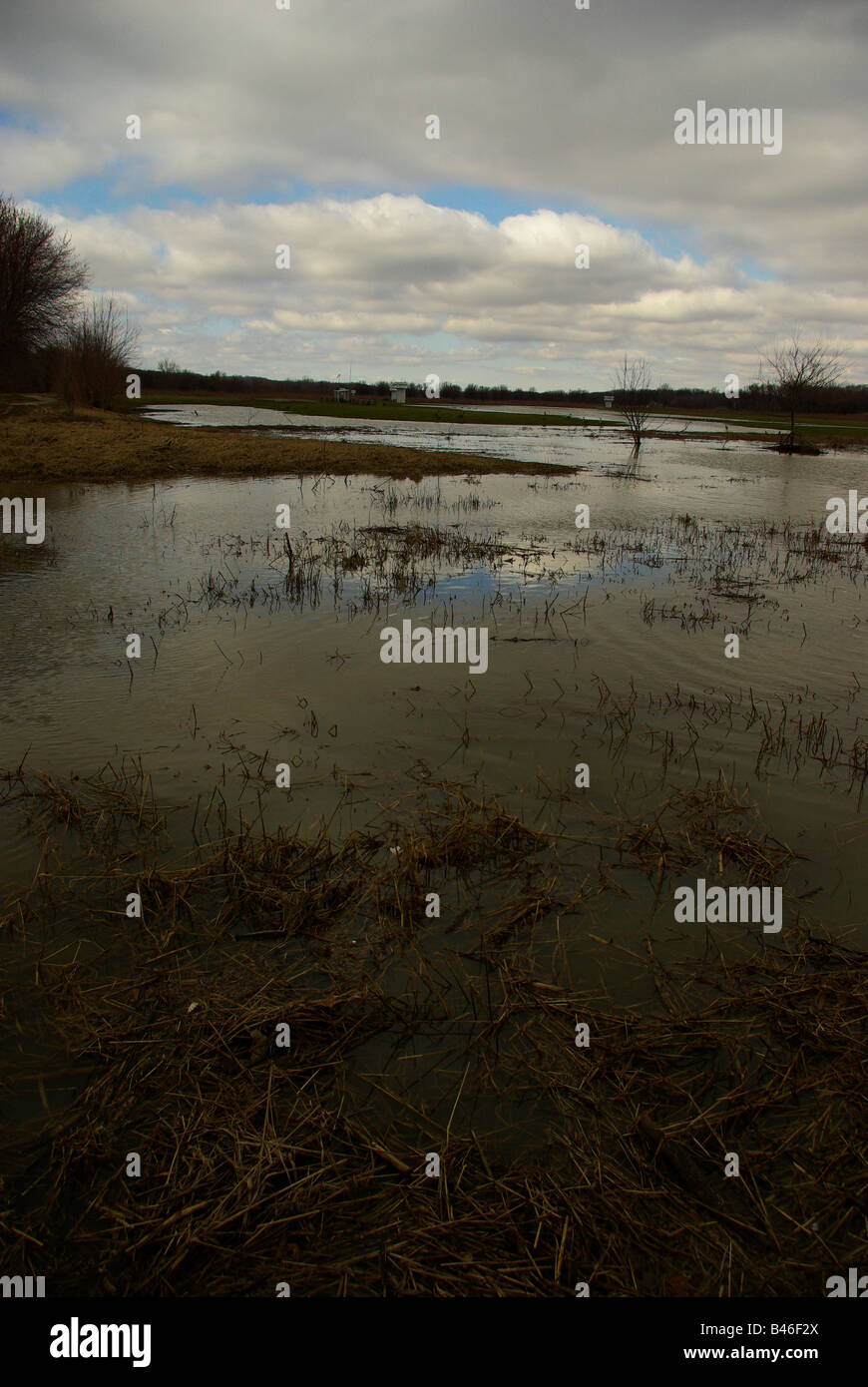 Flooded marshlands along the Wabash River reflect the cloudy blue sky ...