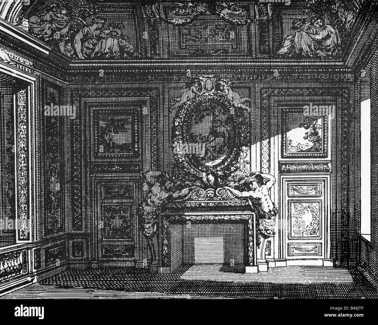 habitation, heating, fireplace in a castle, copper engraving by Jean ...