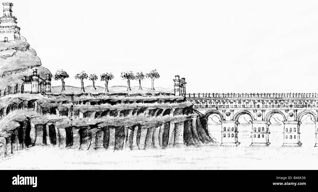 architecture, designs, ideal city Sforzinda, bridge, copper engraving ...
