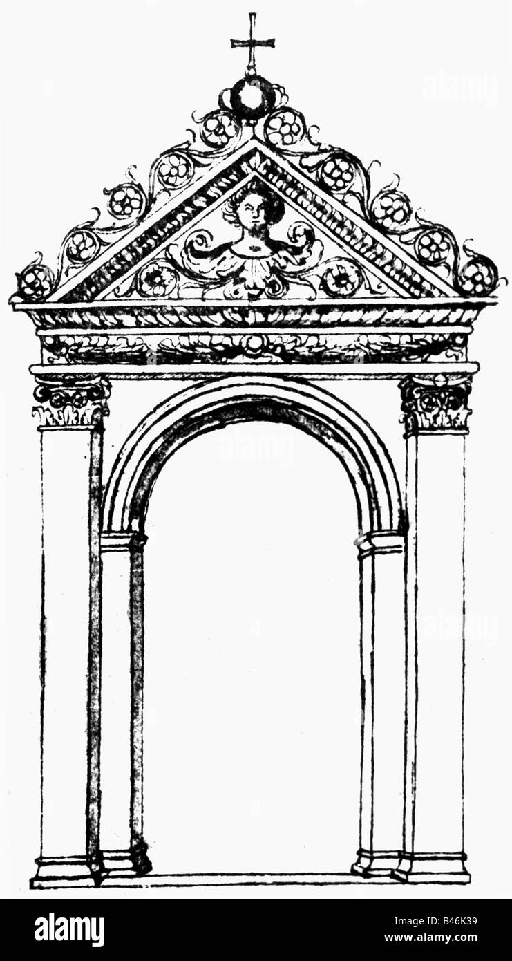 architecture, designs, ideal city Sforzinda, gate, copper engraving ...