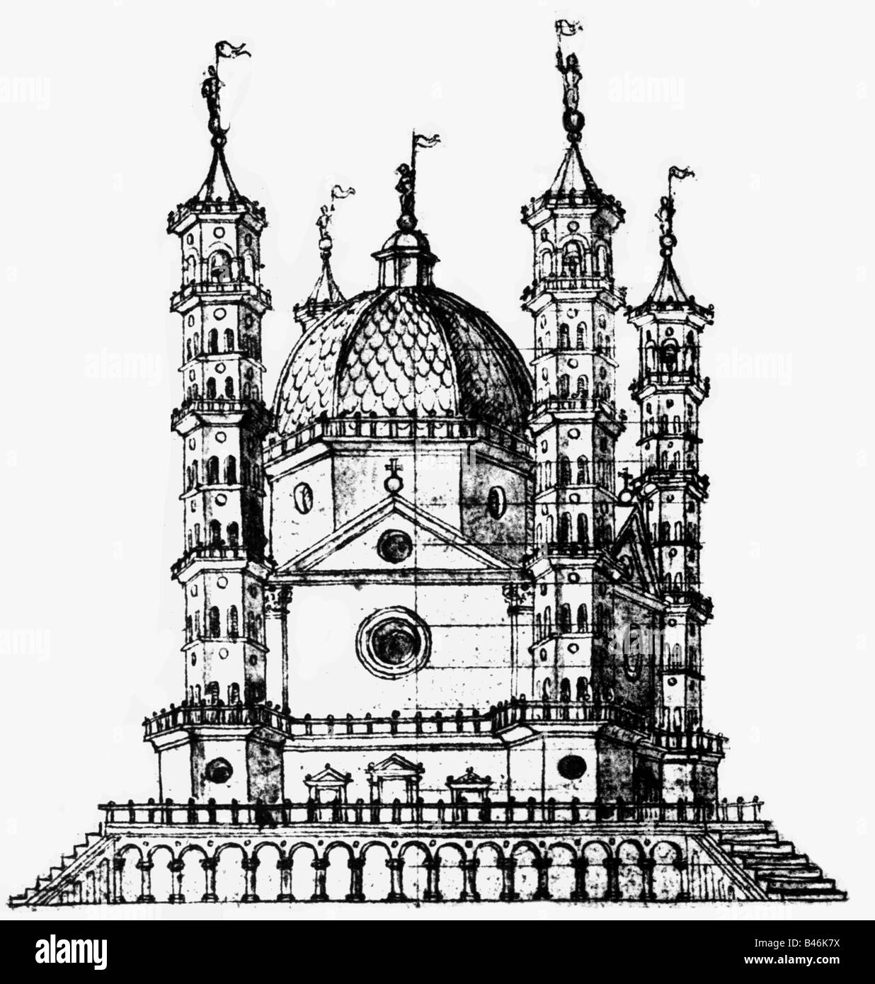 architecture, designs, ideal city Sforzinda, Temple, copper engraving ...
