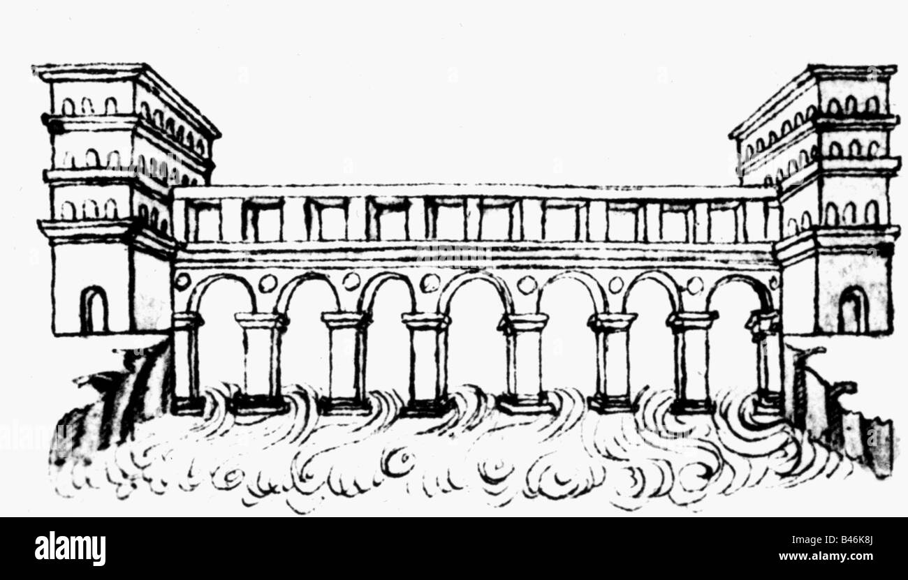 architecture, designs, ideal city Sforzinda, bridge, copper engraving ...