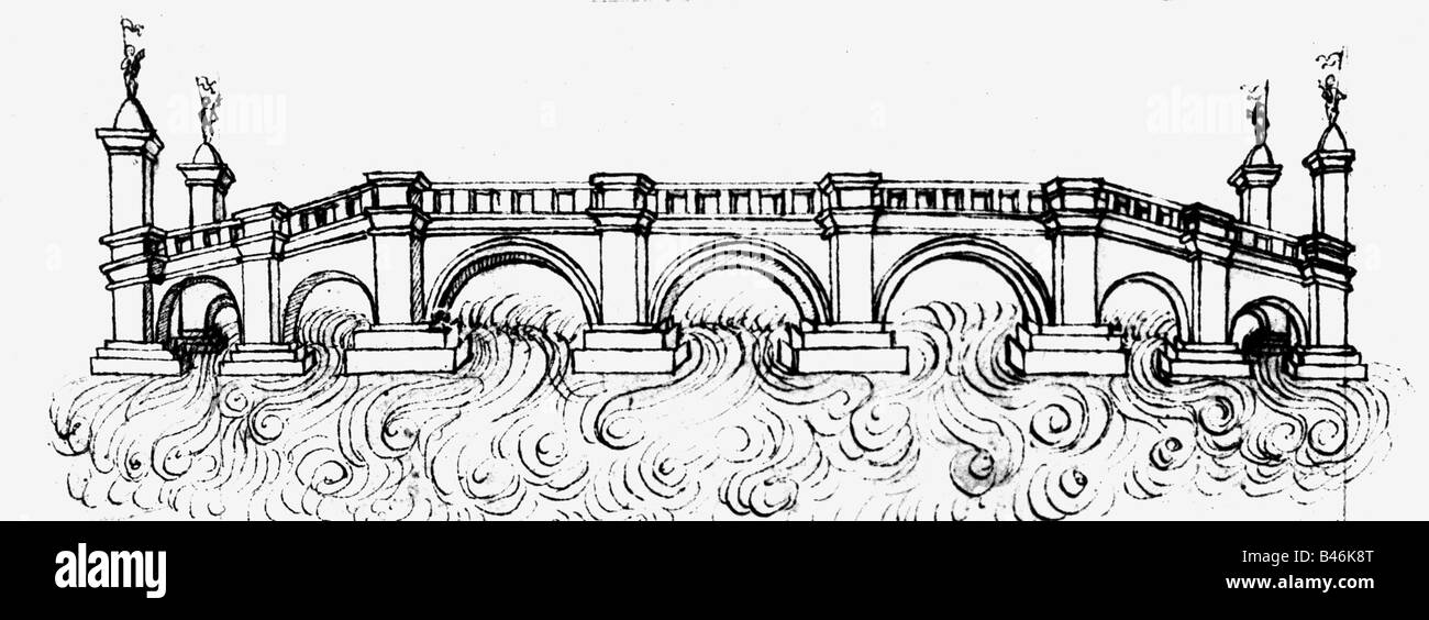 architecture, designs, ideal city Sforzinda, bridge, copper engraving ...