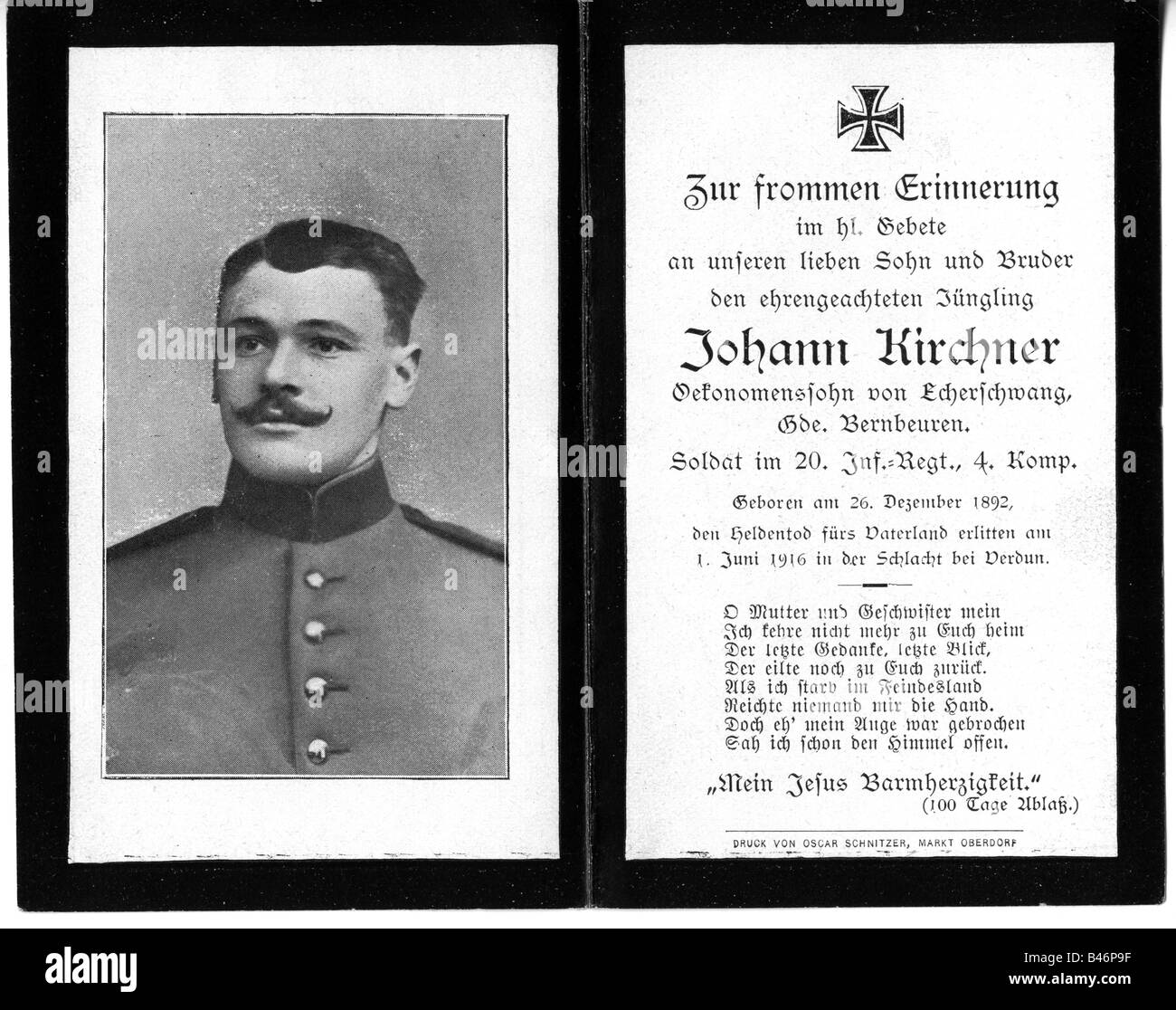 events, First World War / WWI, Germany, memorial card of Johann ...
