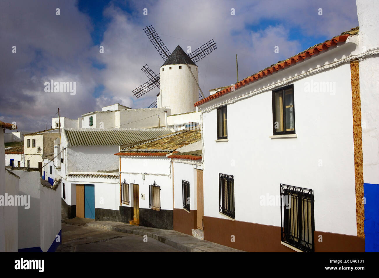 Windmills and Village, Campo de Criptana, La Mancha, Spain Stock Photo ...