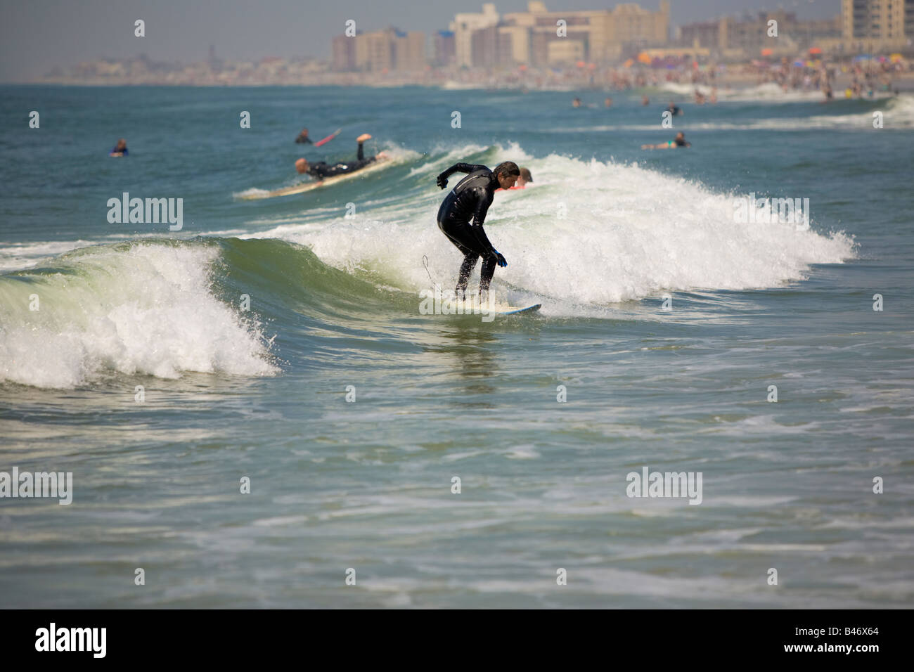 Surfing waves of Far Rockaway Beach on a very hot day of June Far ...