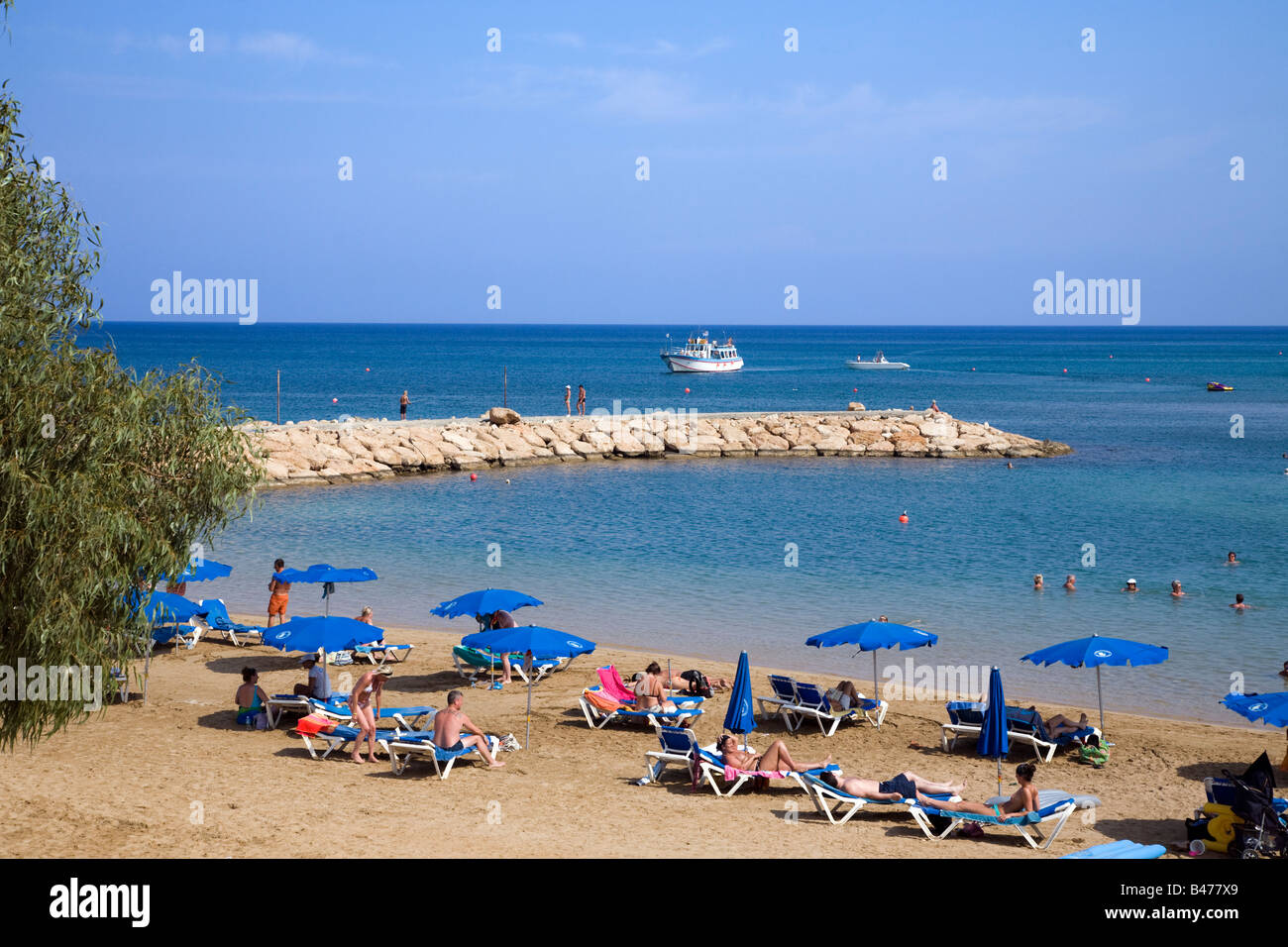 VIEW OF PERNERA BEACH NEAR PARALIMNI, PROTARAS, IN CYPRUS WITH MANY ...