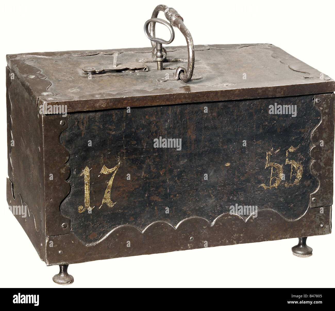 A German iron casket, dated 1755. A massive casket decorated with ...